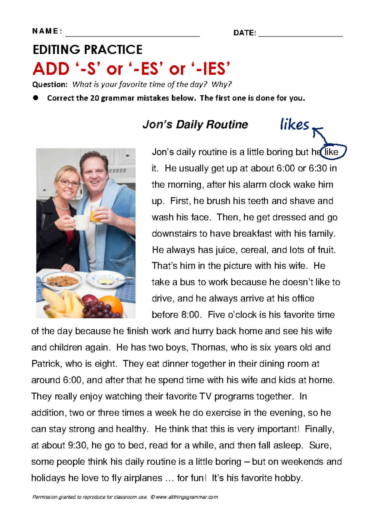 Editing Practice: Grammar Correction Worksheet (ADD -S-ES-IES 1) - Studocu