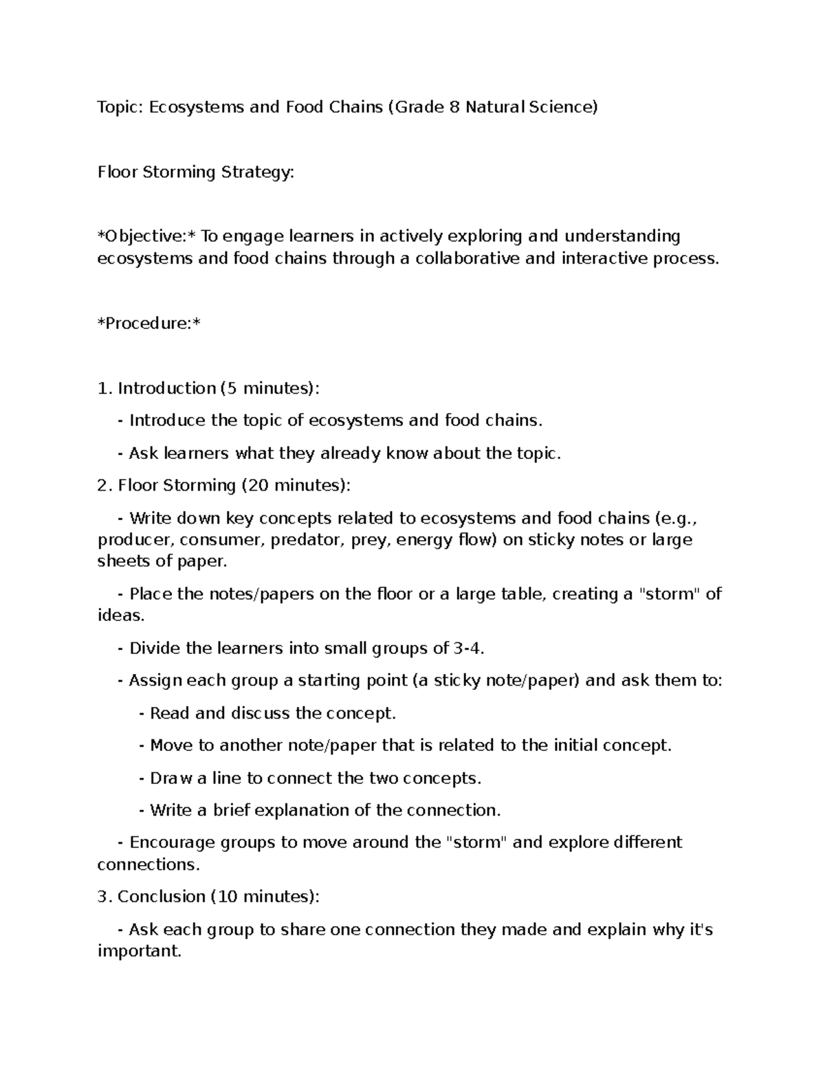 Document (11) - Teaching practice - Topic: Ecosystems and Food Chains ...