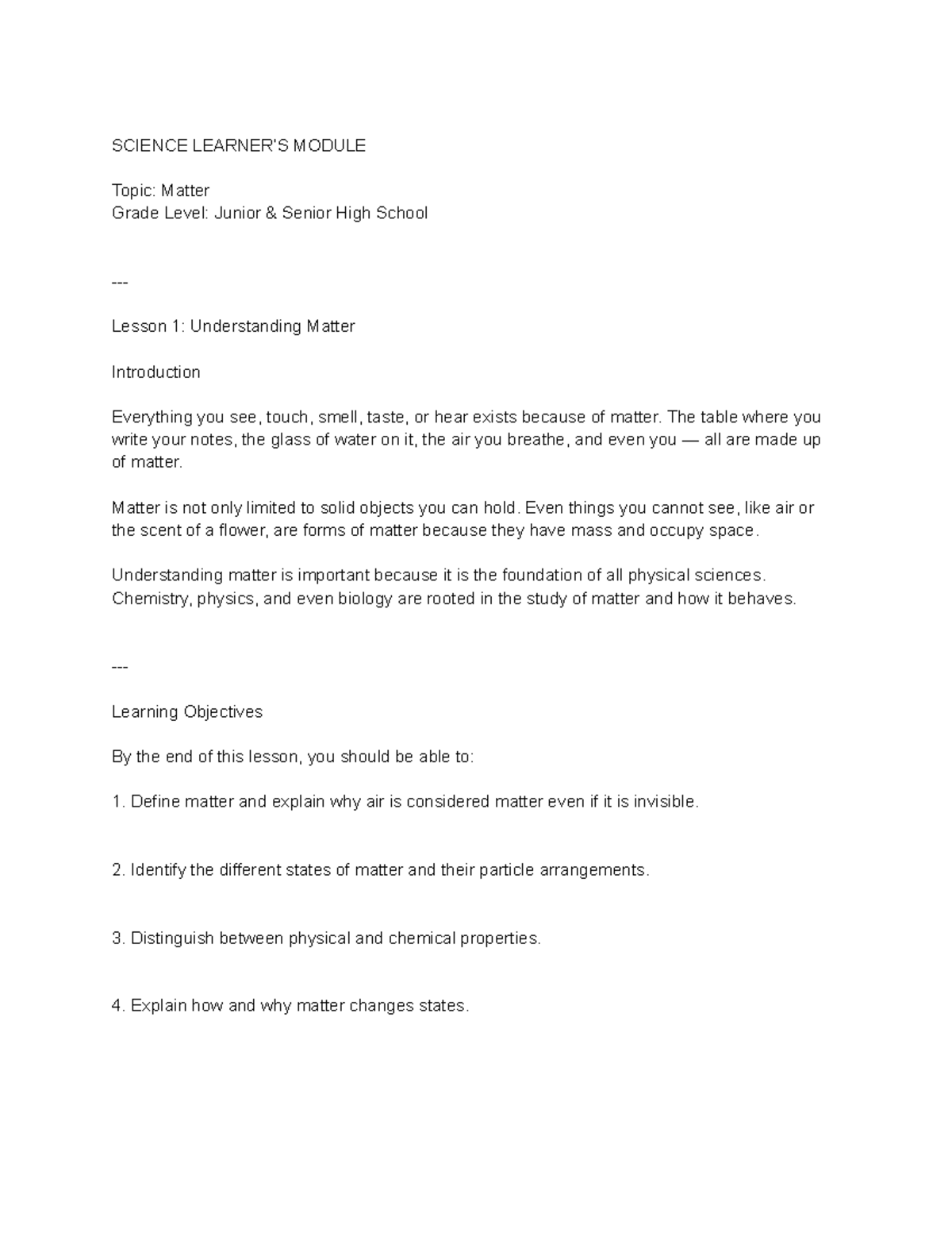 SCIENCE MODULE: Understanding Matter - Earth Science Notes - Studocu