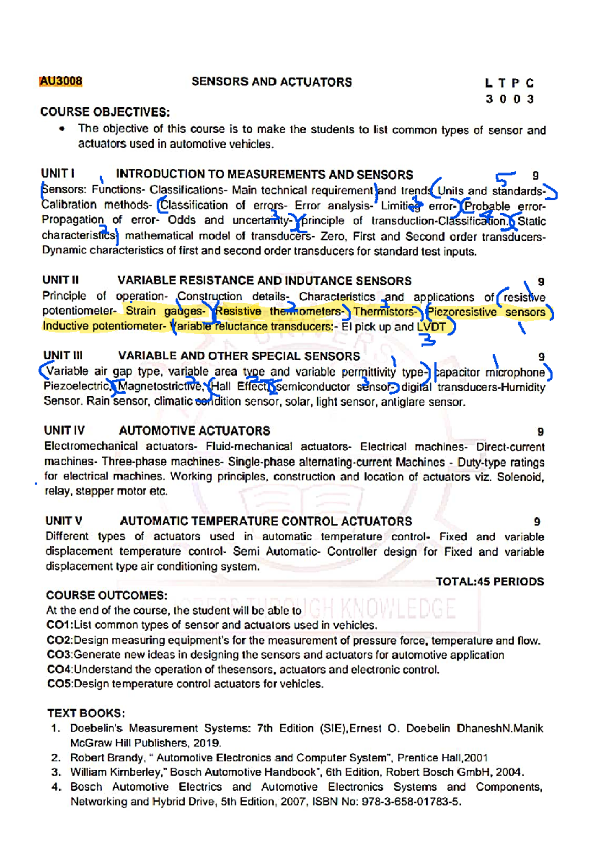 AU3008 SENSORS AND ACTUATORS LTPC 3003 Course Overview and Objectives - Studocu