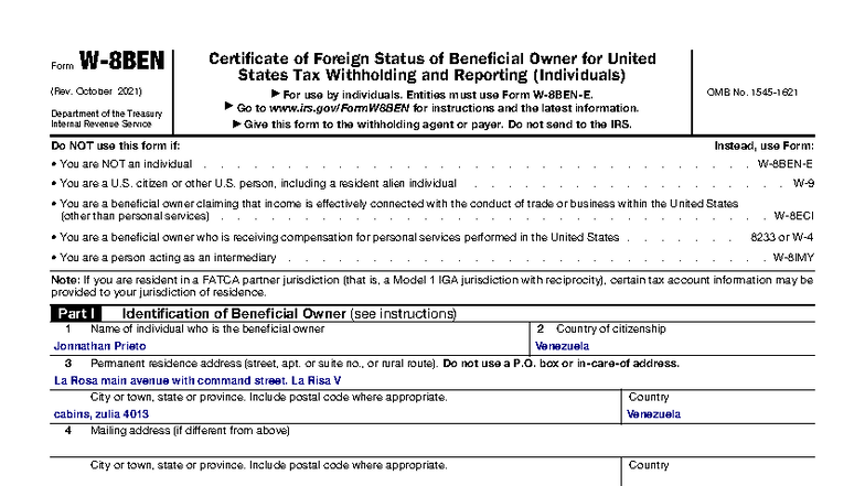 W-8BEN Form: Certificate of Foreign Status for Tax Purposes - Studocu