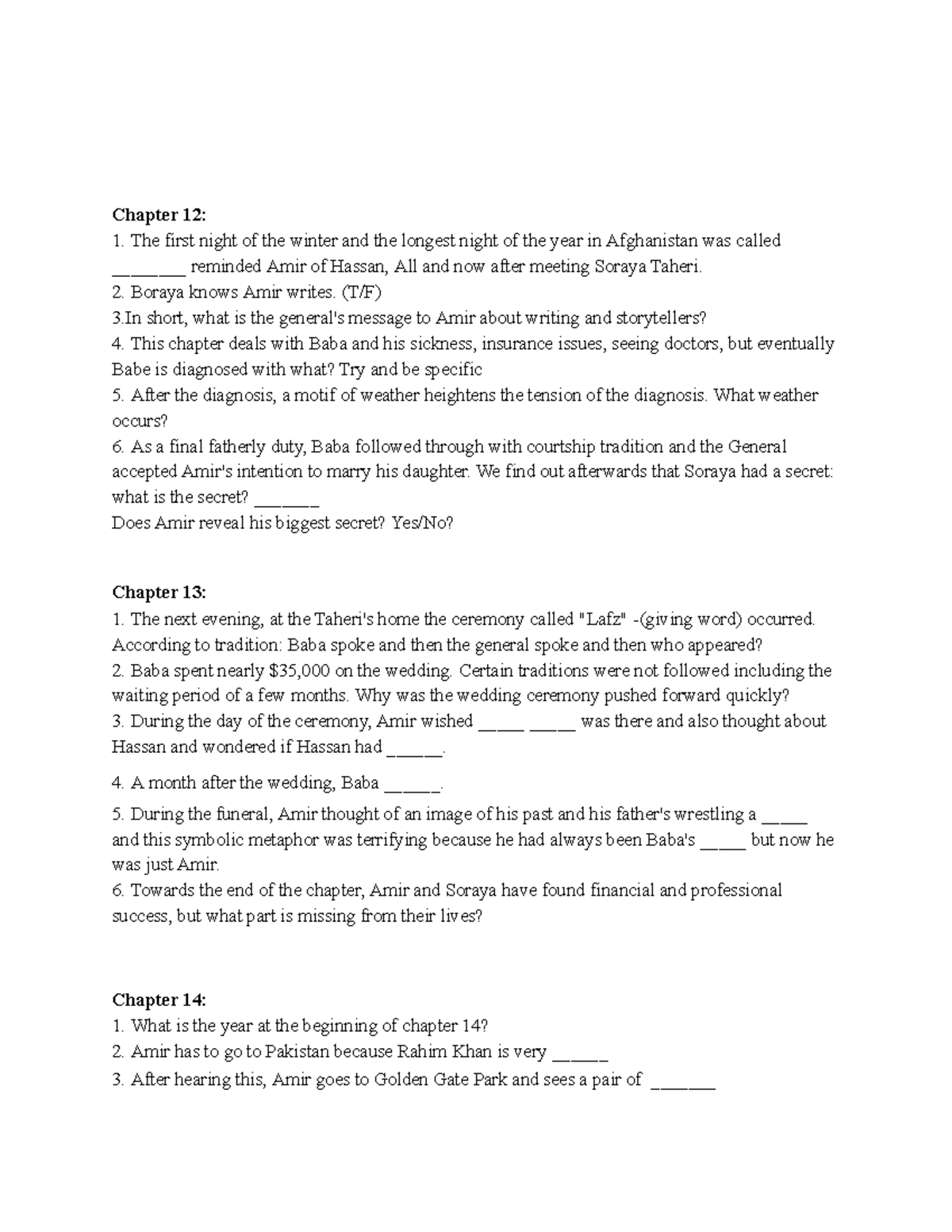 The Kite Runner Quiz: Key Themes and Character Insights (Chapters 12-16 ...