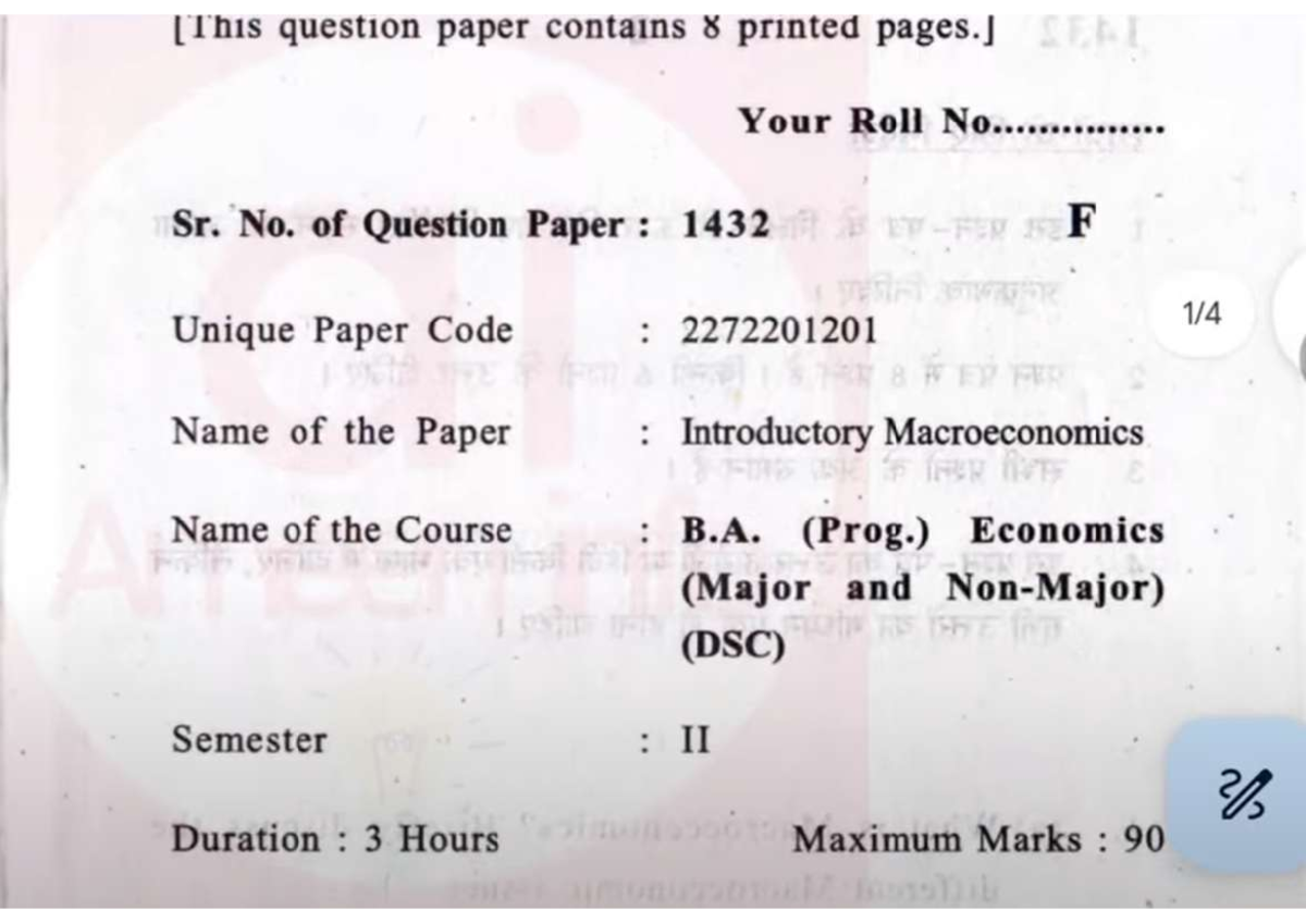 B.A. (Prog.) Economics II: Introductory Macroeconomics Exam Paper 1432 ...