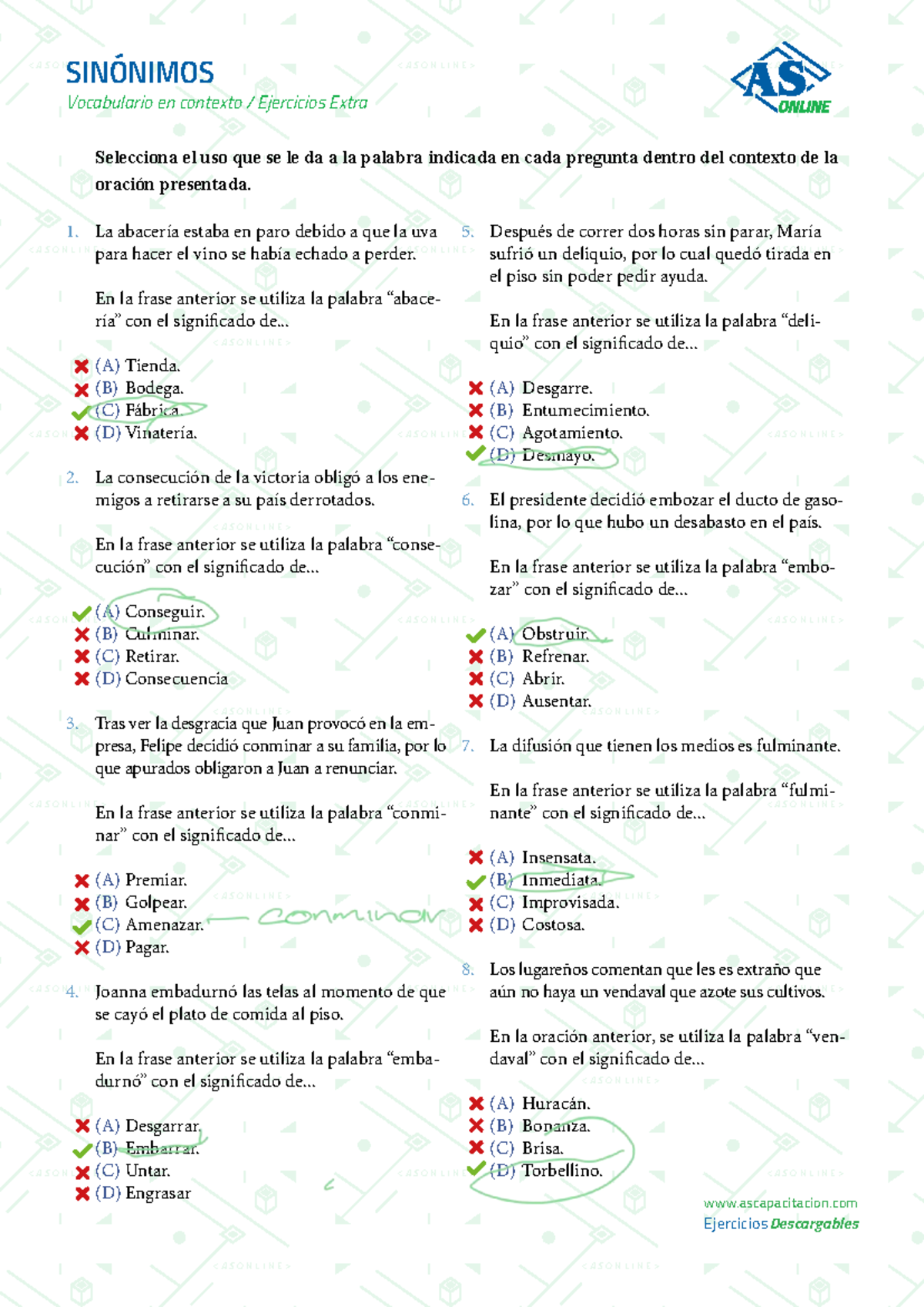 SINÓNIMOS: Ejercicios Extra de Vocabulario en Contexto - Studocu