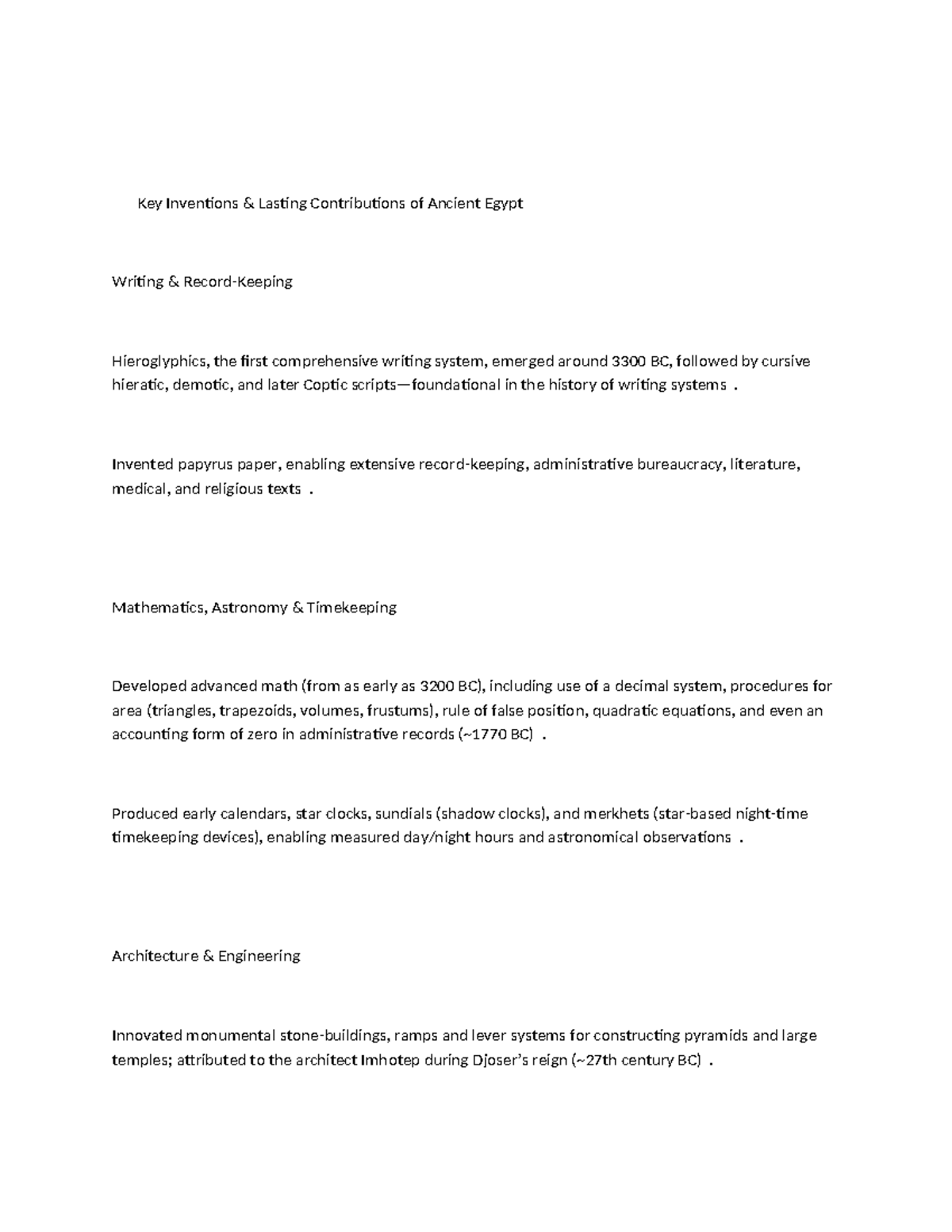 Egypt - Lecture Notes on Key Inventions and Contributions - Studocu