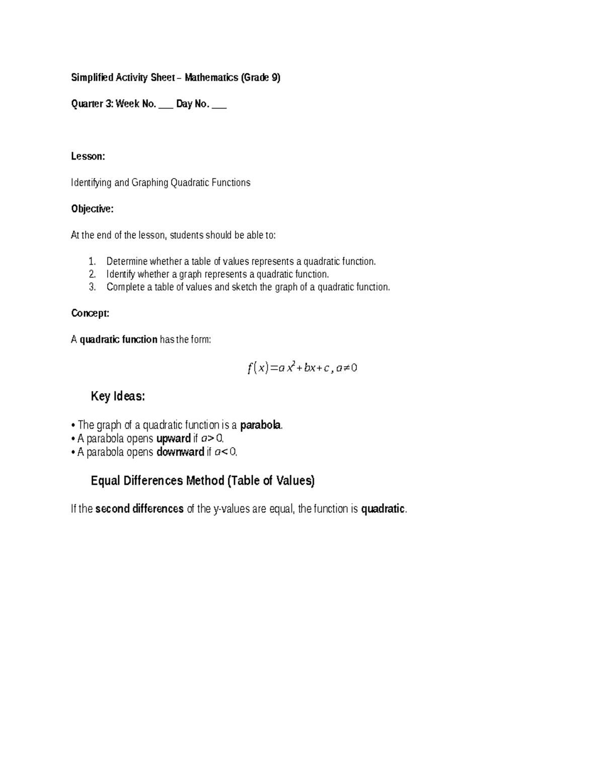 Grade 9 Math Activity Sheet: Identifying Quadratic Functions - Studocu