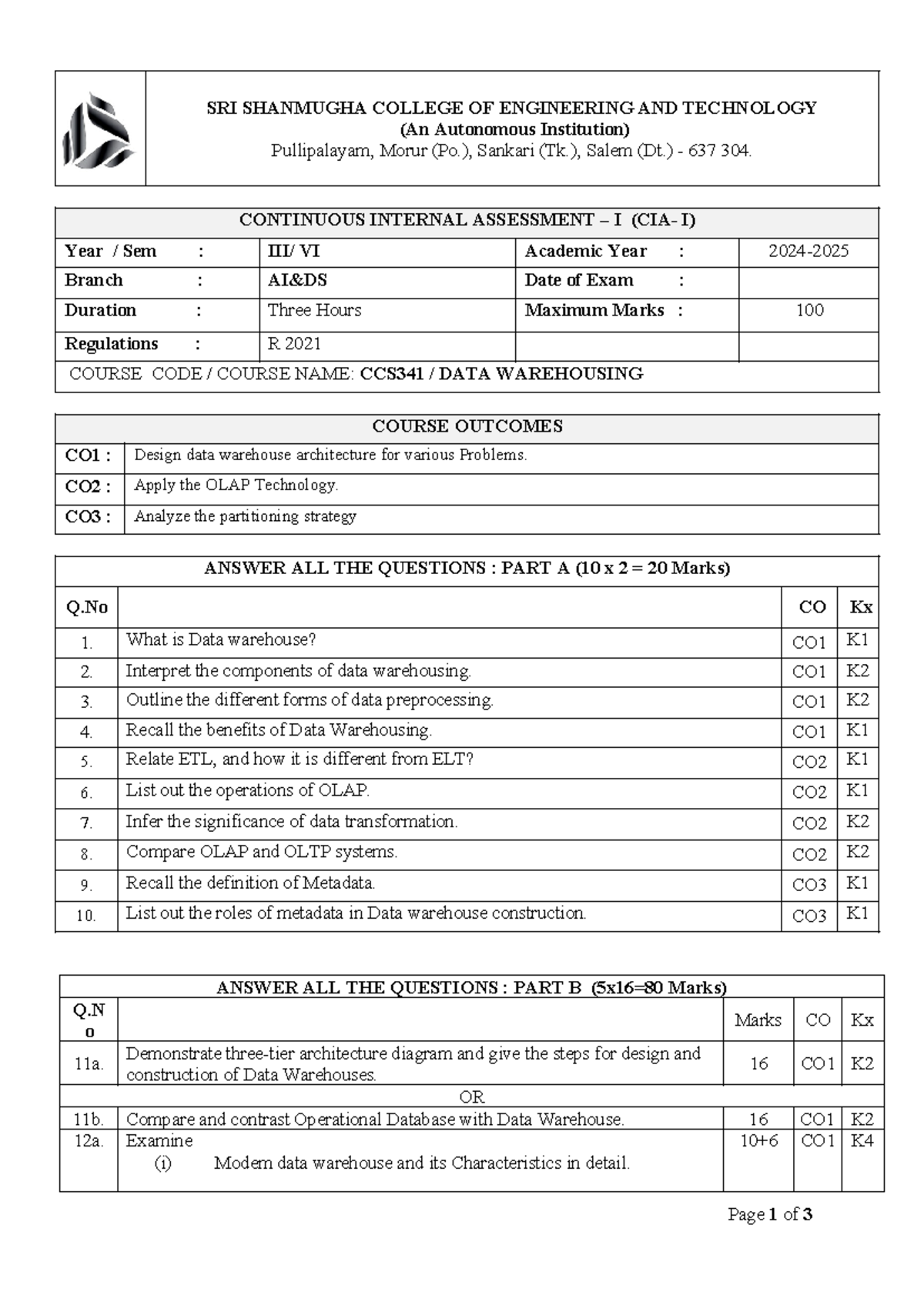 DW Q1 CIA I - nothing - SRI SHANMUGHA COLLEGE OF ENGINEERING AND ...