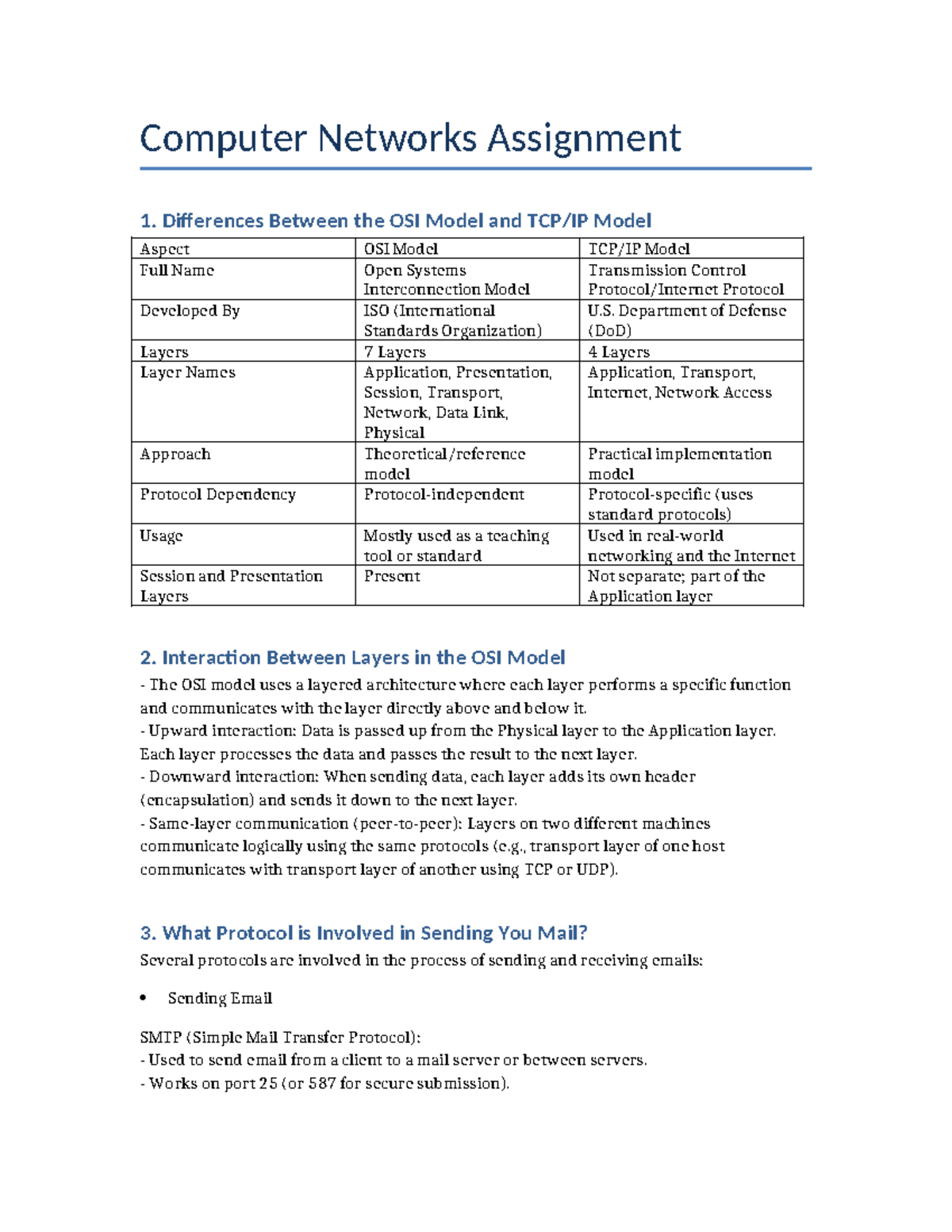 Computer Networks Assignment 1: OSI vs. TCP/IP Models - Studocu