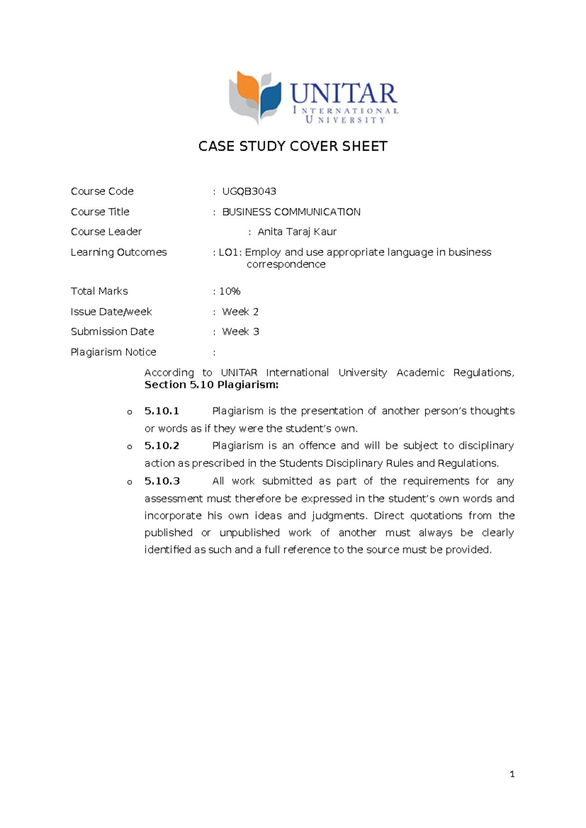 Case Study (10%) - CASE STUDY COVER SHEET Course Code : UGQB Course ...