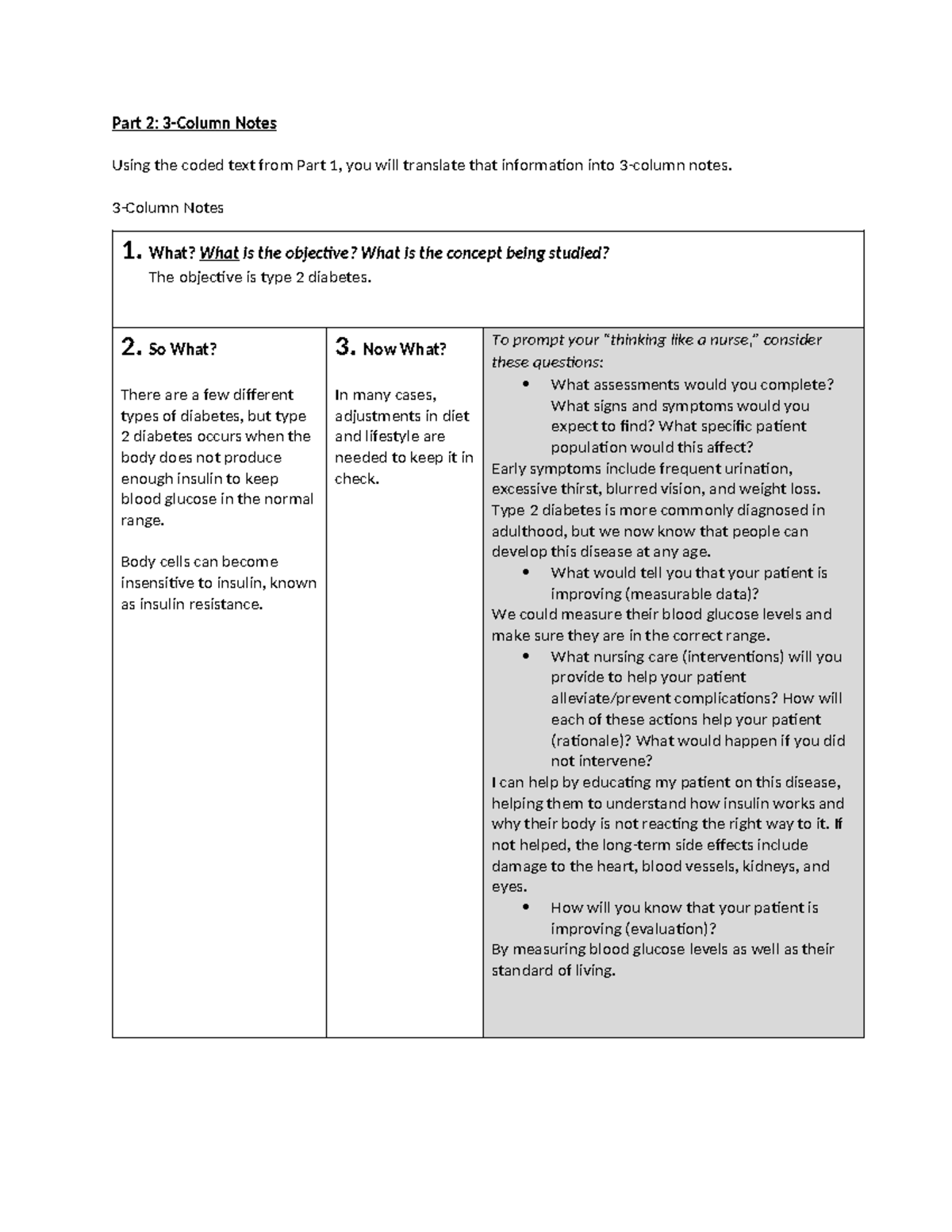 3-Column Notes on Type 2 Diabetes - Nursing Perspective - Studocu