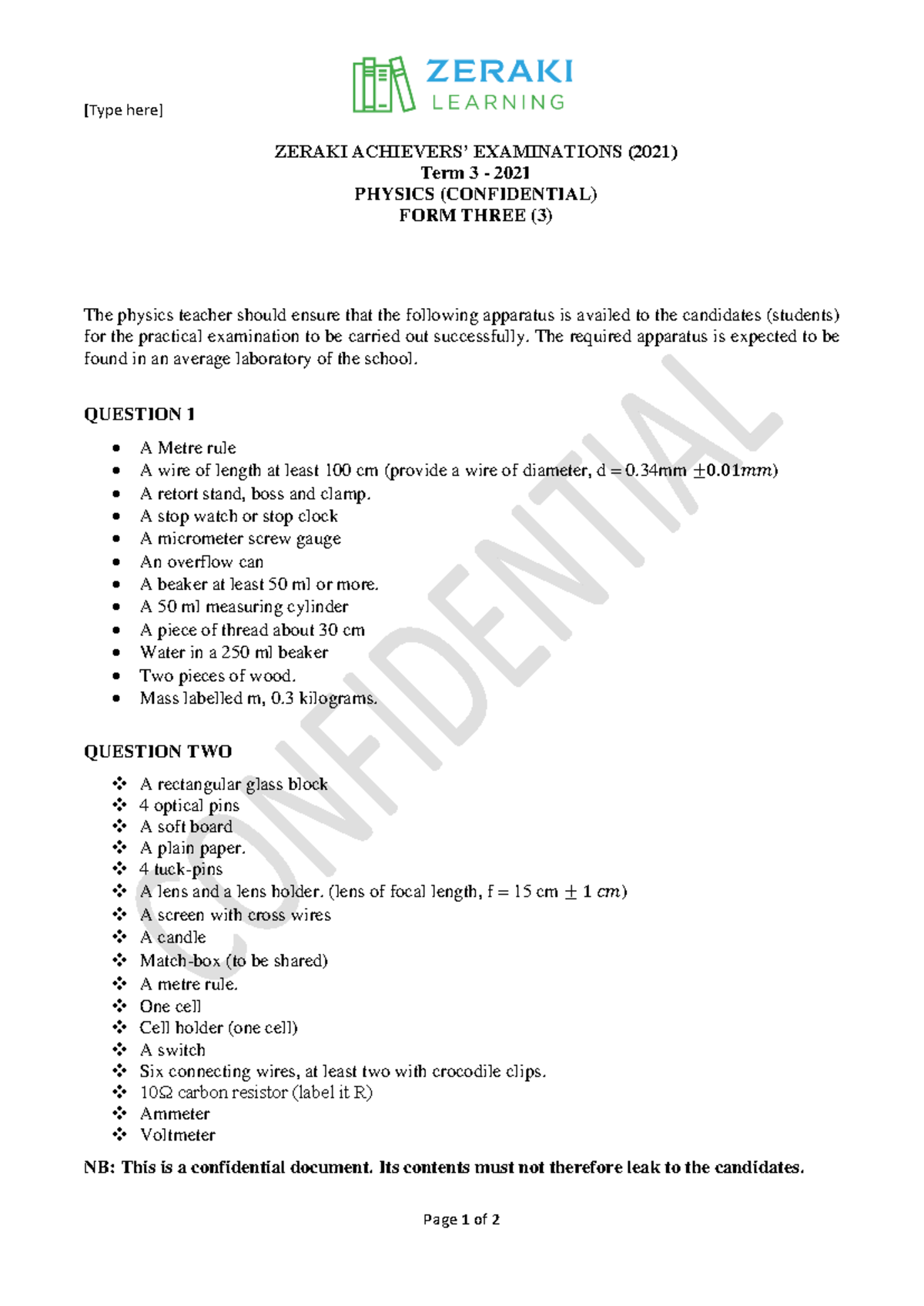 Physics Form 3 Paper 3 Confidential Marking Scheme - June 2021 - Studocu