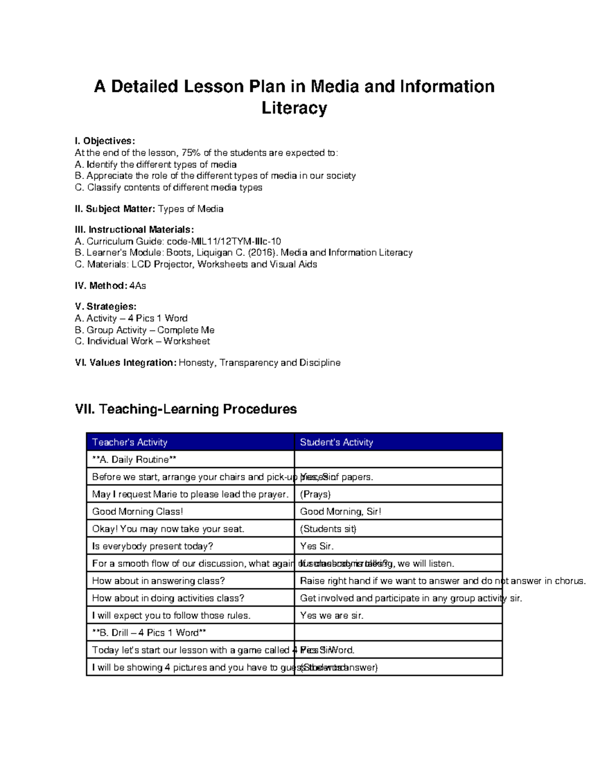 Detailed Lesson Plan in Media and Information Literacy I - Studocu