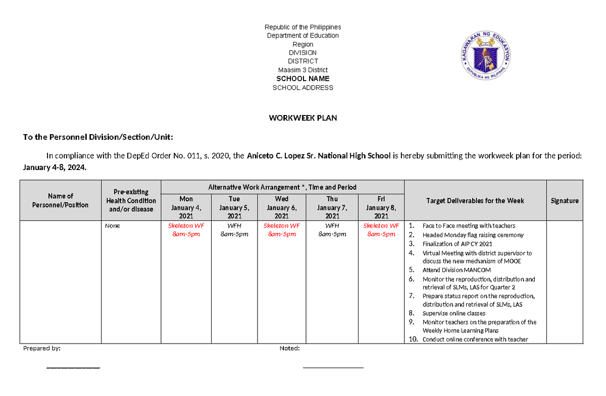 Maasim 3 DepEd Work Week Plan (Jan 4-8, 2024) - Studocu