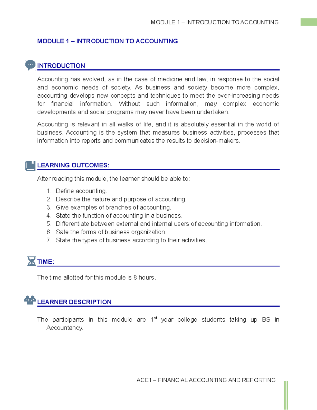 Module 1 Introduction to Accounting - MODULE 1 – INTRODUCTION TO ...