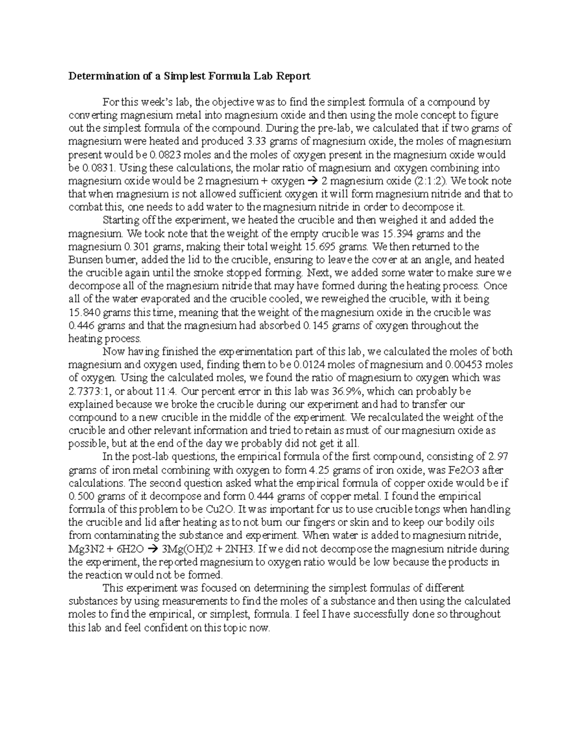 Lab Report: Determination of Simplest Formula - Chemistry 101 - Studocu