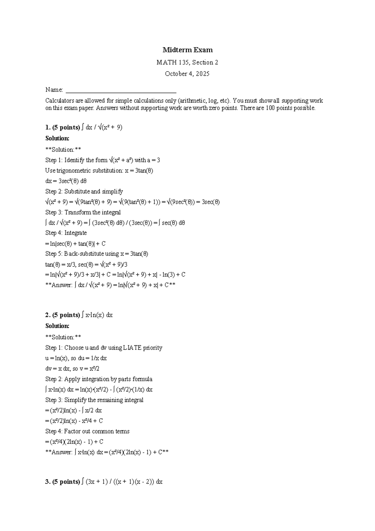 Midterm Exam Solutions for MATH 135, Section 2 - October 2025 - Studocu