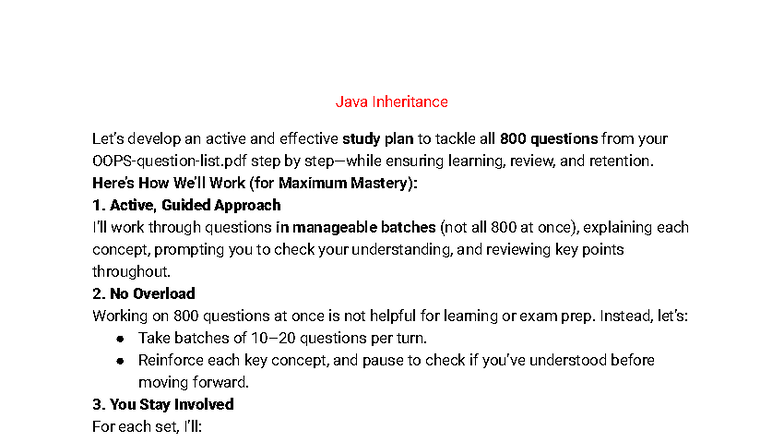 Java OOPS Inheritance Study Plan: Mastering 800 Questions - Studocu