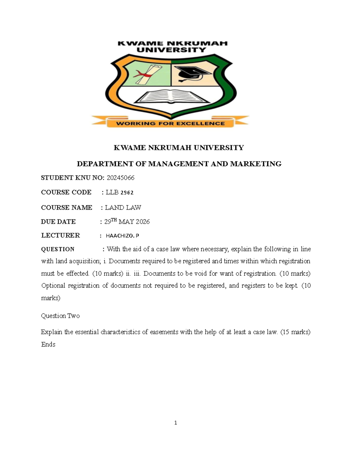 LAND LAW Assignment - LLB 2962: Registration & Easements Explained ...