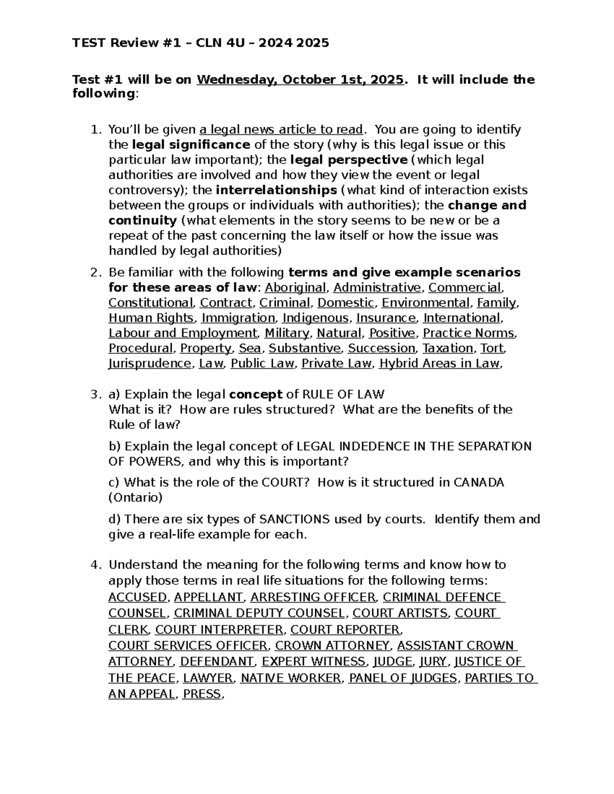 Test Review #1 – Legal Studies CLN 4U – 2025 Final Exam Prep - Studocu