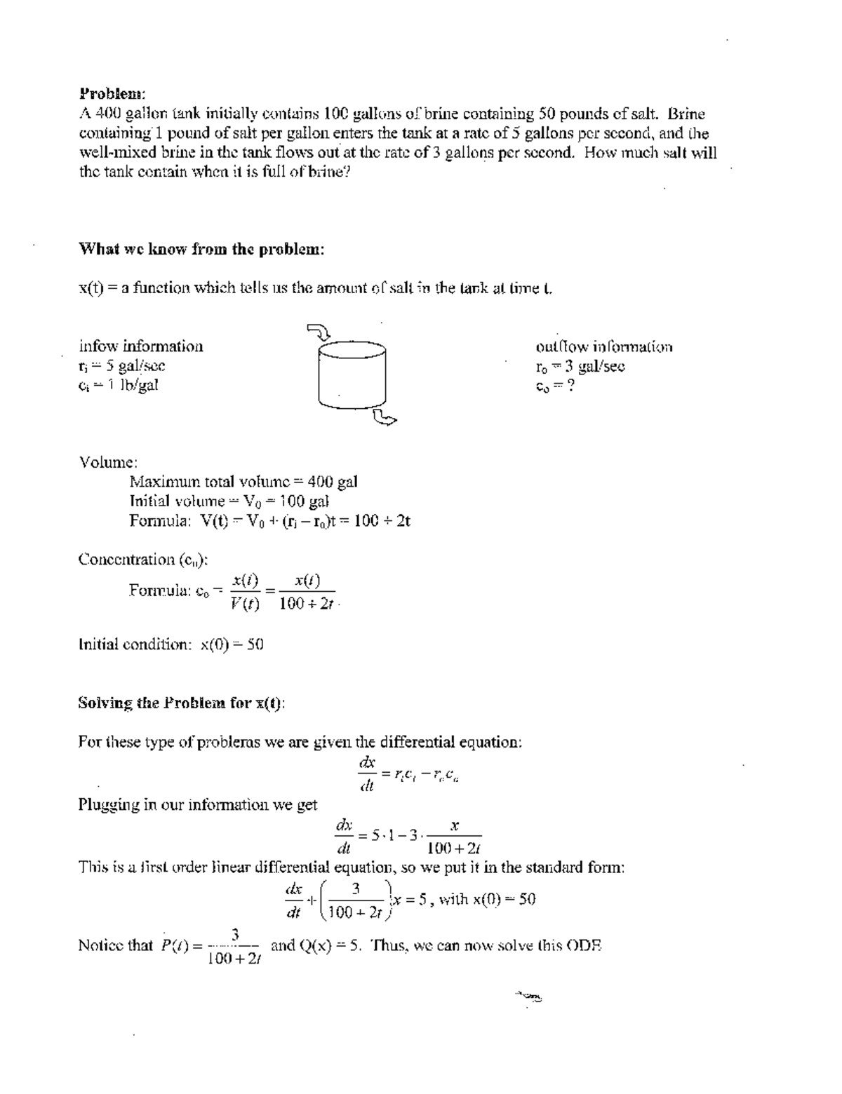 Differential Equations for Mixture Solutions - Math 101 Final Exam ...