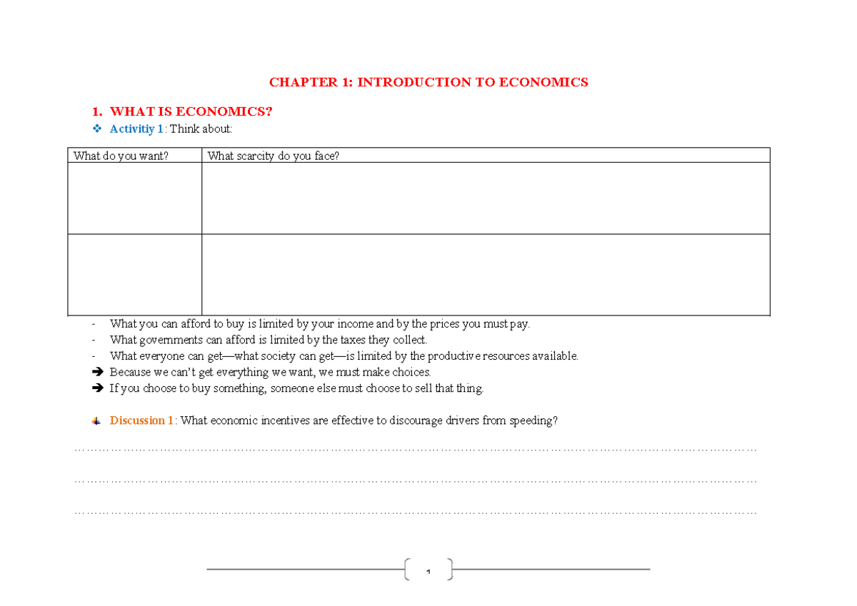 Study sheet - chapter 1 - CHAPTER 1: INTRODUCTION TO ECONOMICS 1. WHAT ...