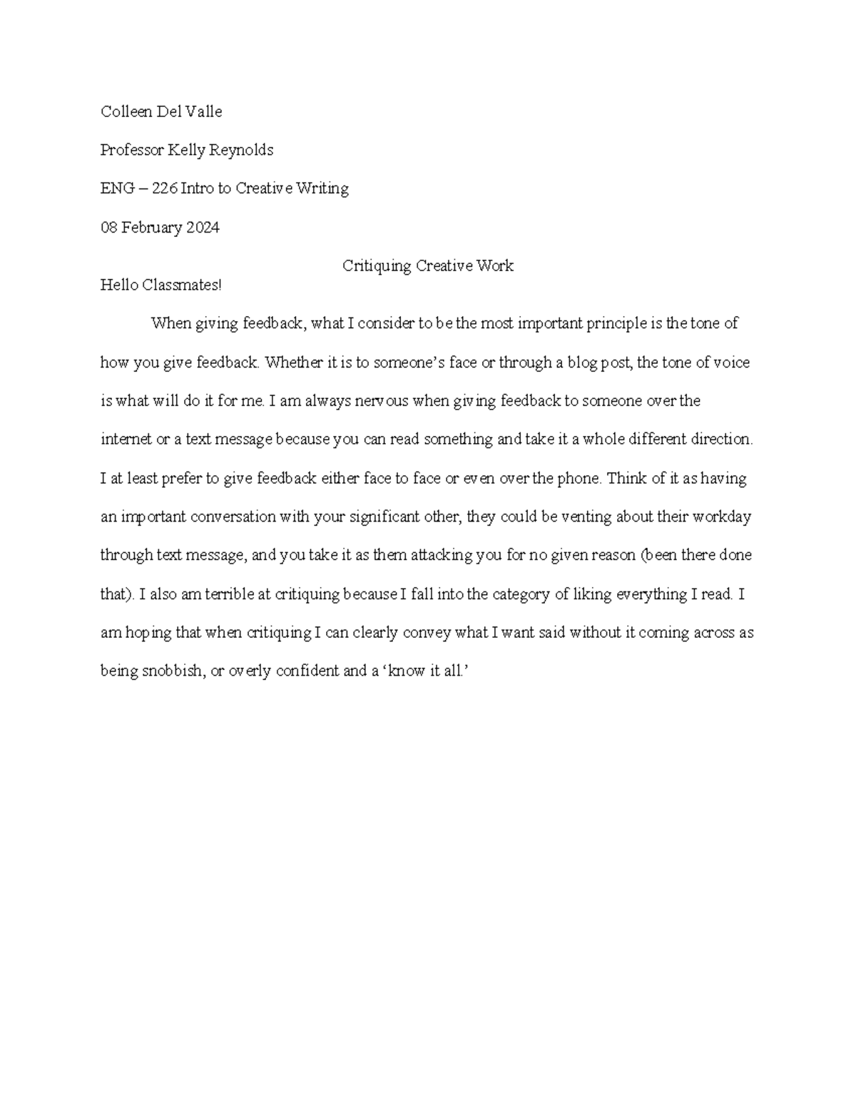 ENG-226 Discussion: Principles of Critiquing Creative Work - Studocu