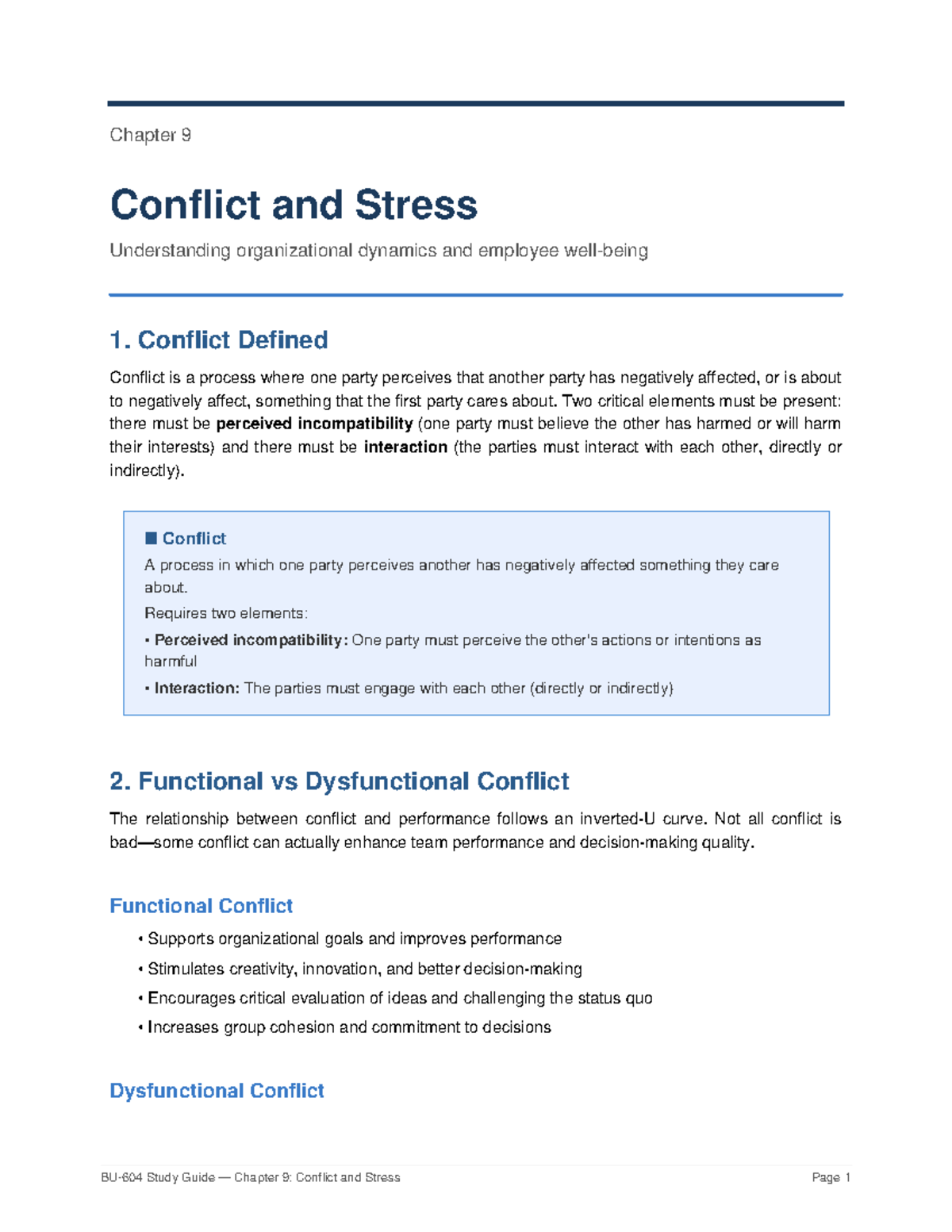 Ch9: Understanding Conflict and Stress in Organizations - Studocu