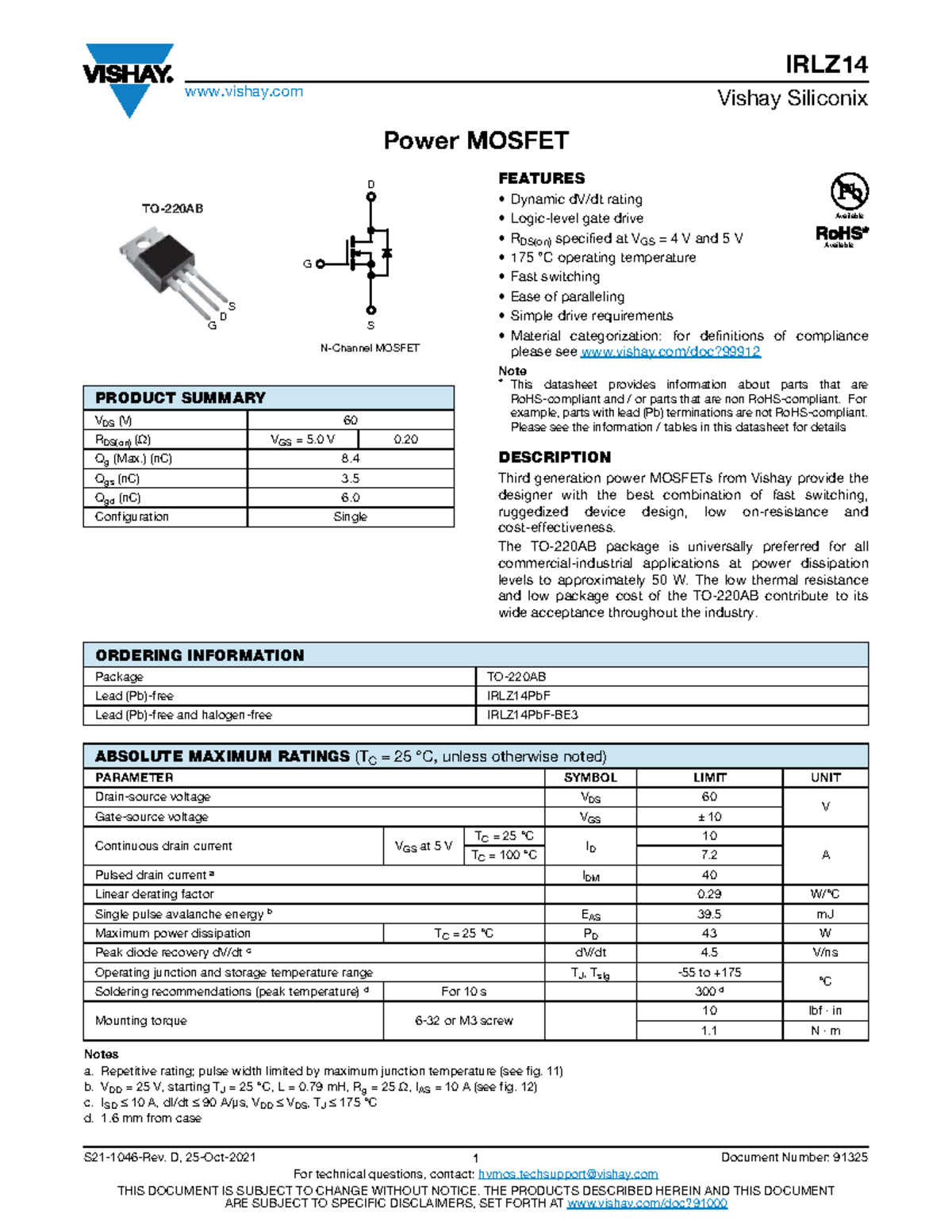 IRLZ14 Vishay Siliconix Power MOSFET Datasheet Overview - Studocu