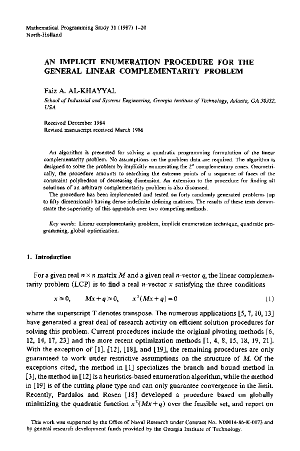 Implicit Enumeration Algorithm for Linear Complementarity Problems ...