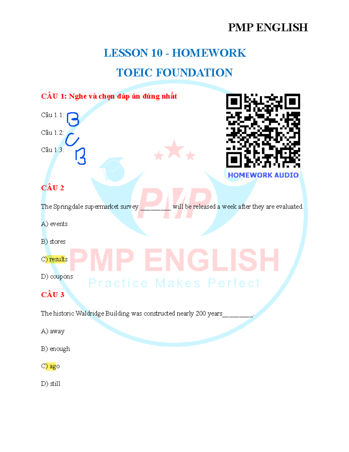 Foundation - buổi 11 - lesson 10 - LESSON 10 - HOMEWORK TOEIC ...