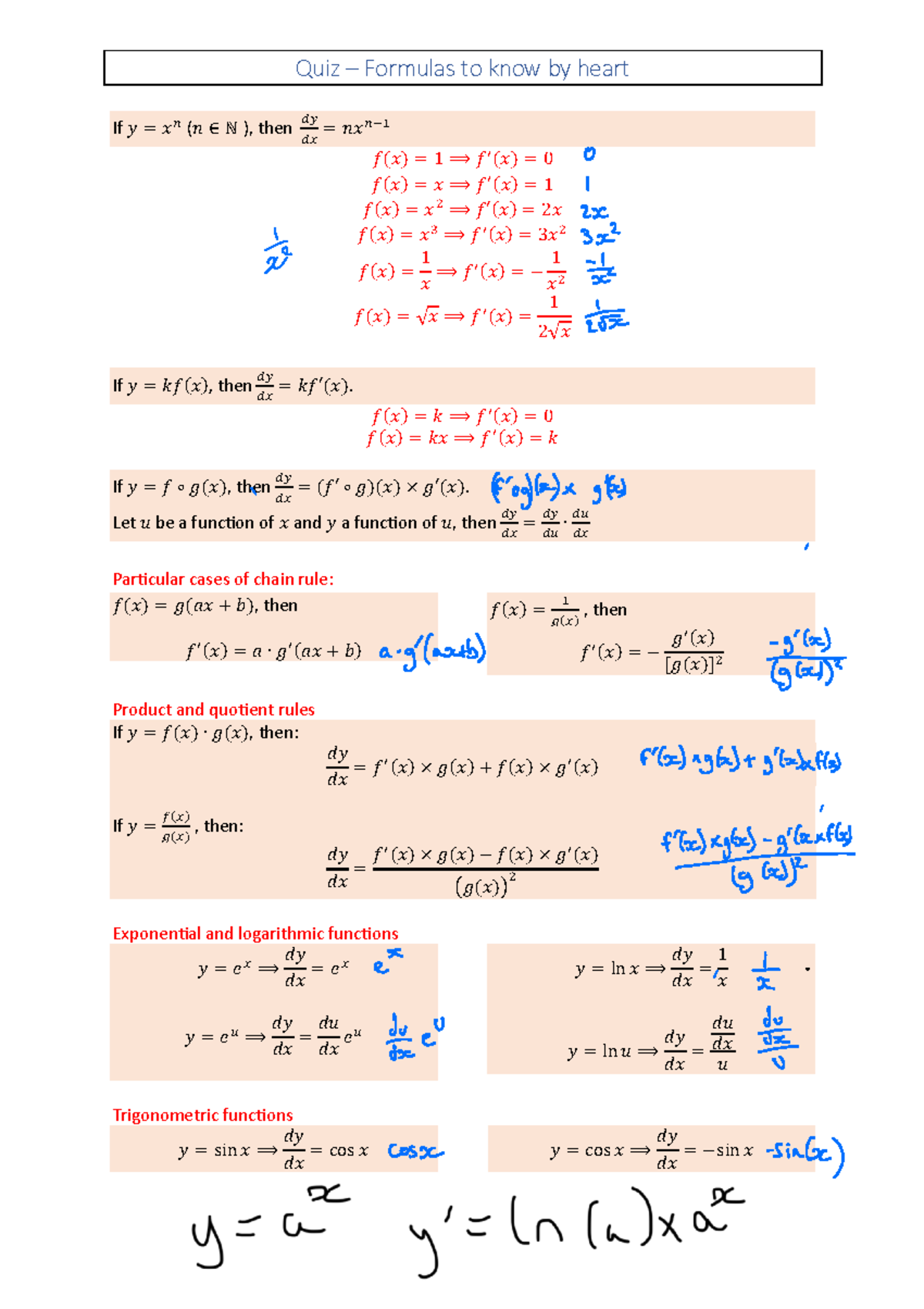 Différenciation formulas - Quiz – Formulas to know by heart If ...