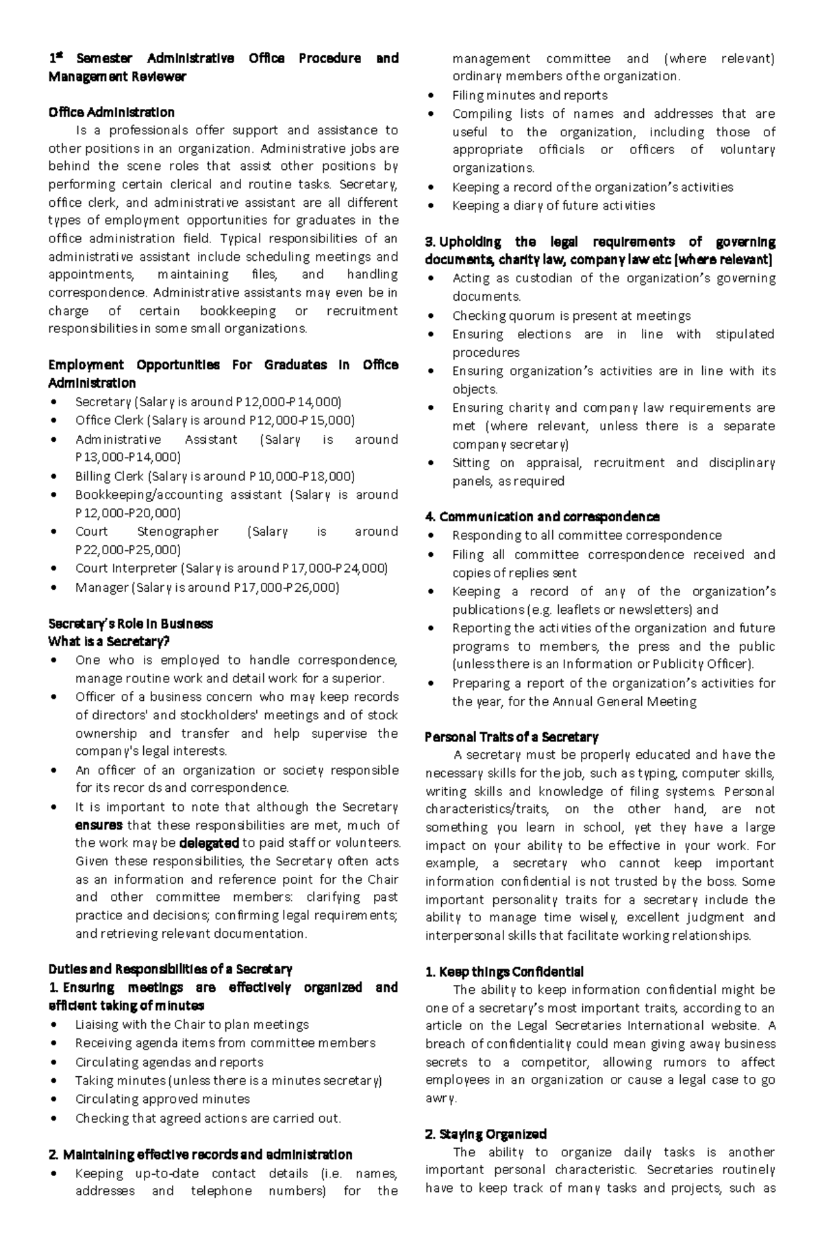 1st Semester Administrative Office Procedures & Management Overview ...