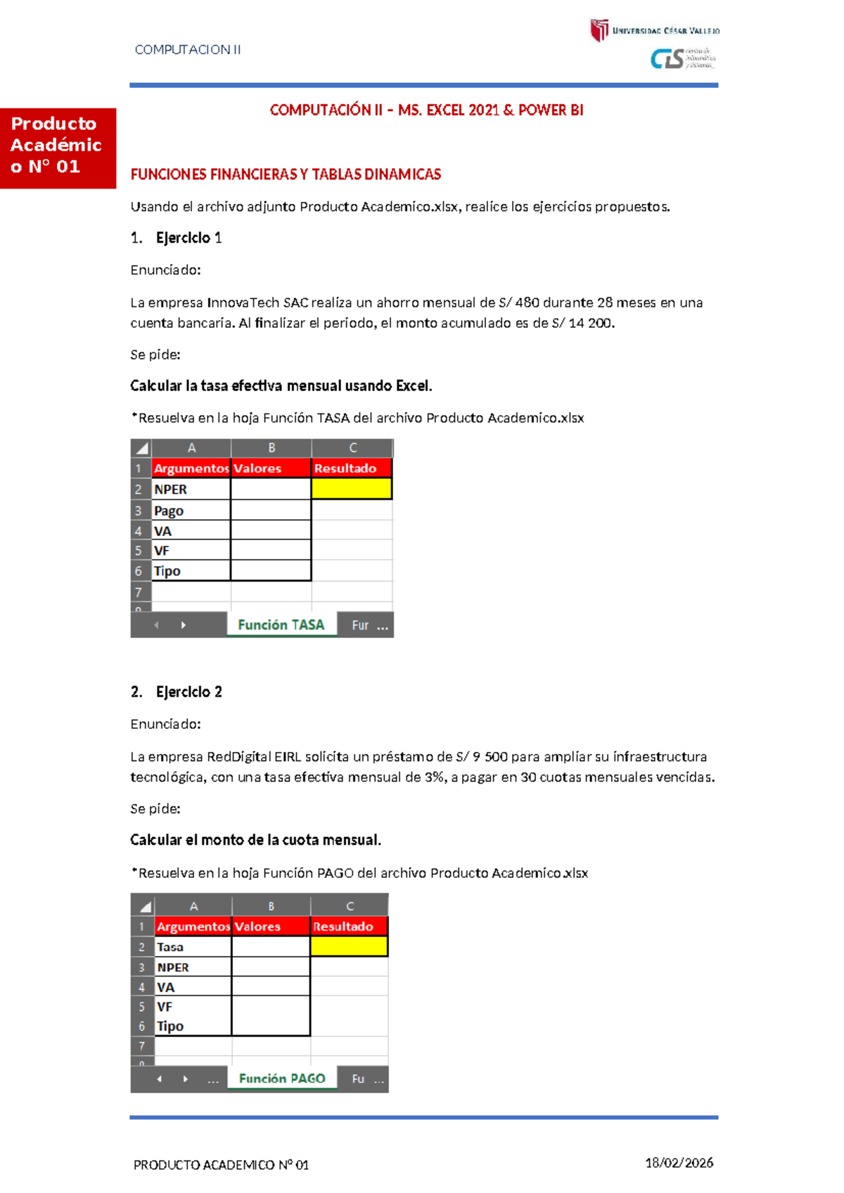 COMPUTACIÓN II Producto Académico 01: Funciones Financieras en Excel ...