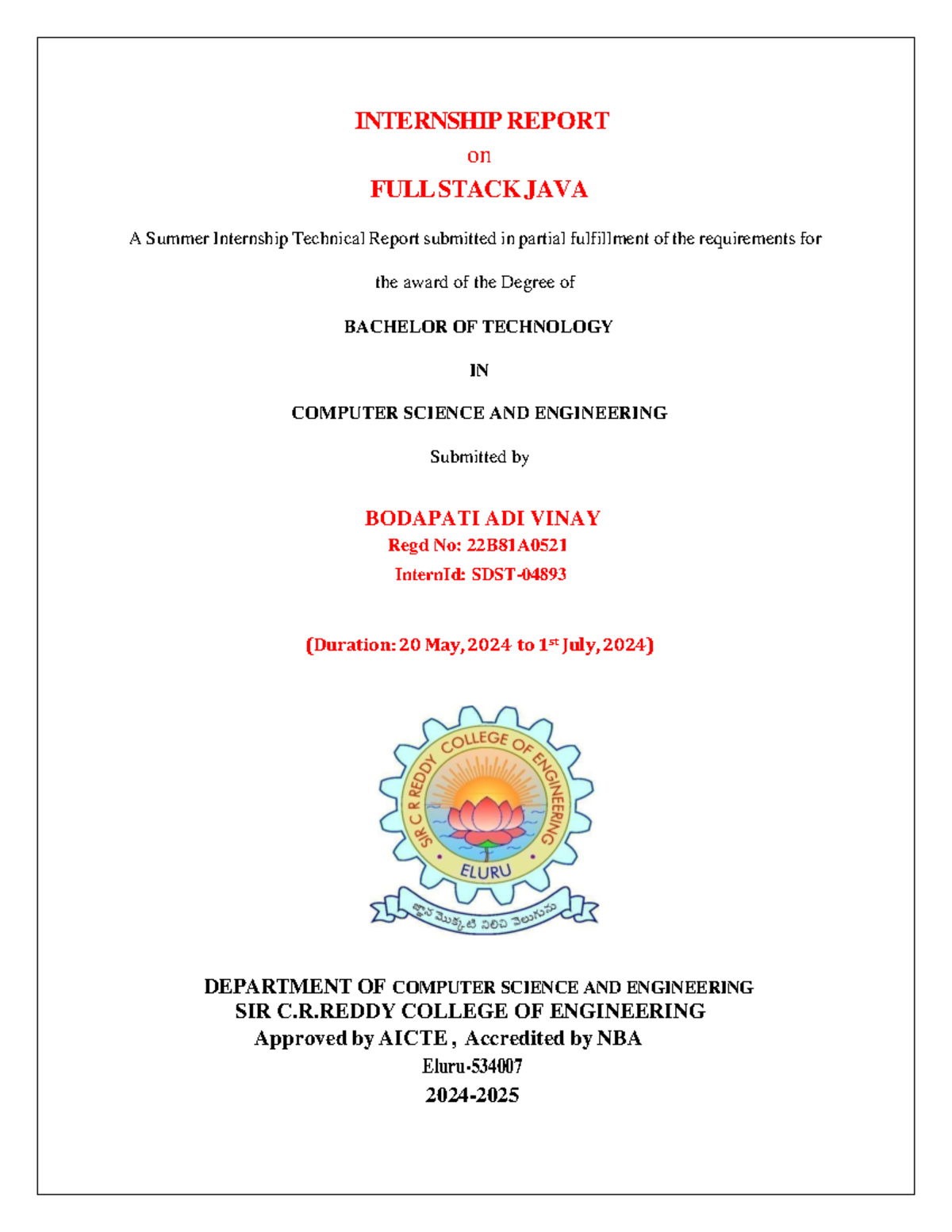 BTECH CSE Internship Report: Full Stack Java Development (22B81A0521) - Studocu