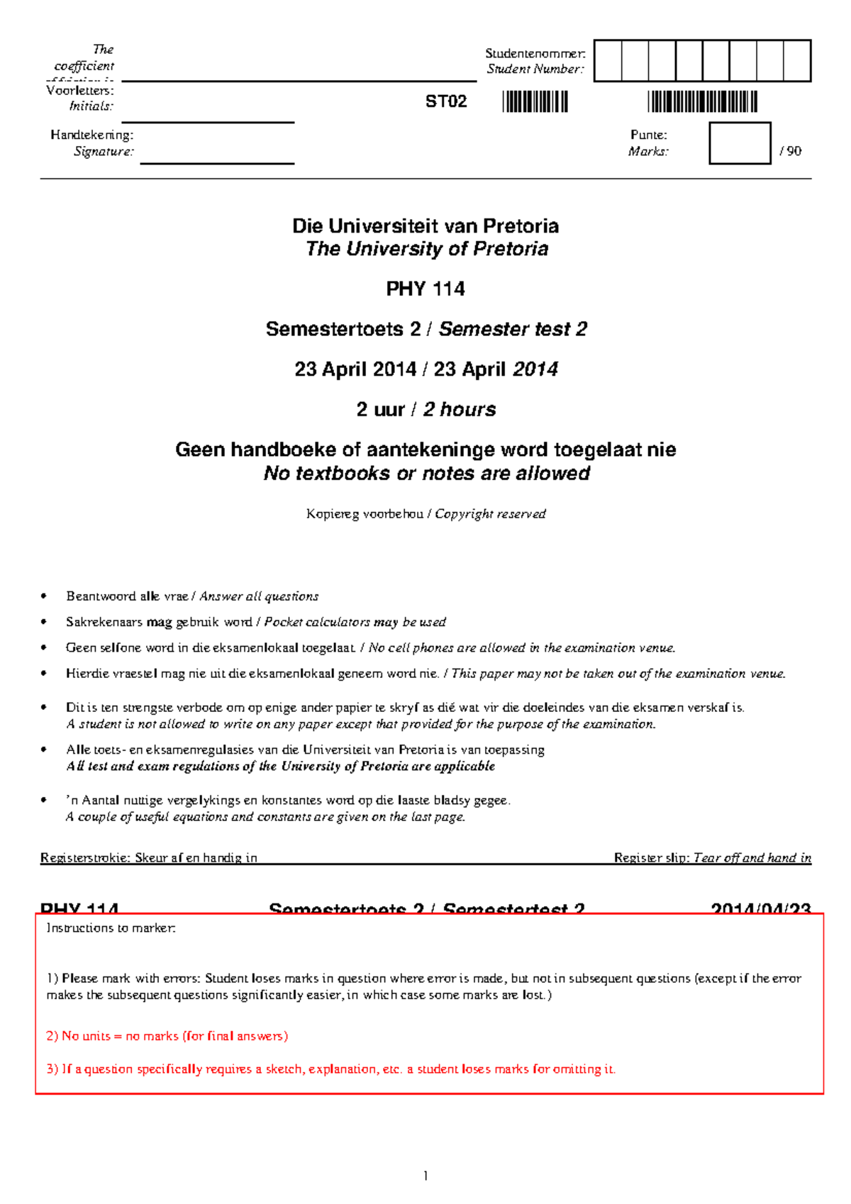 PHY 114 Semester Test 2 - 23 April 2014 - Studocu