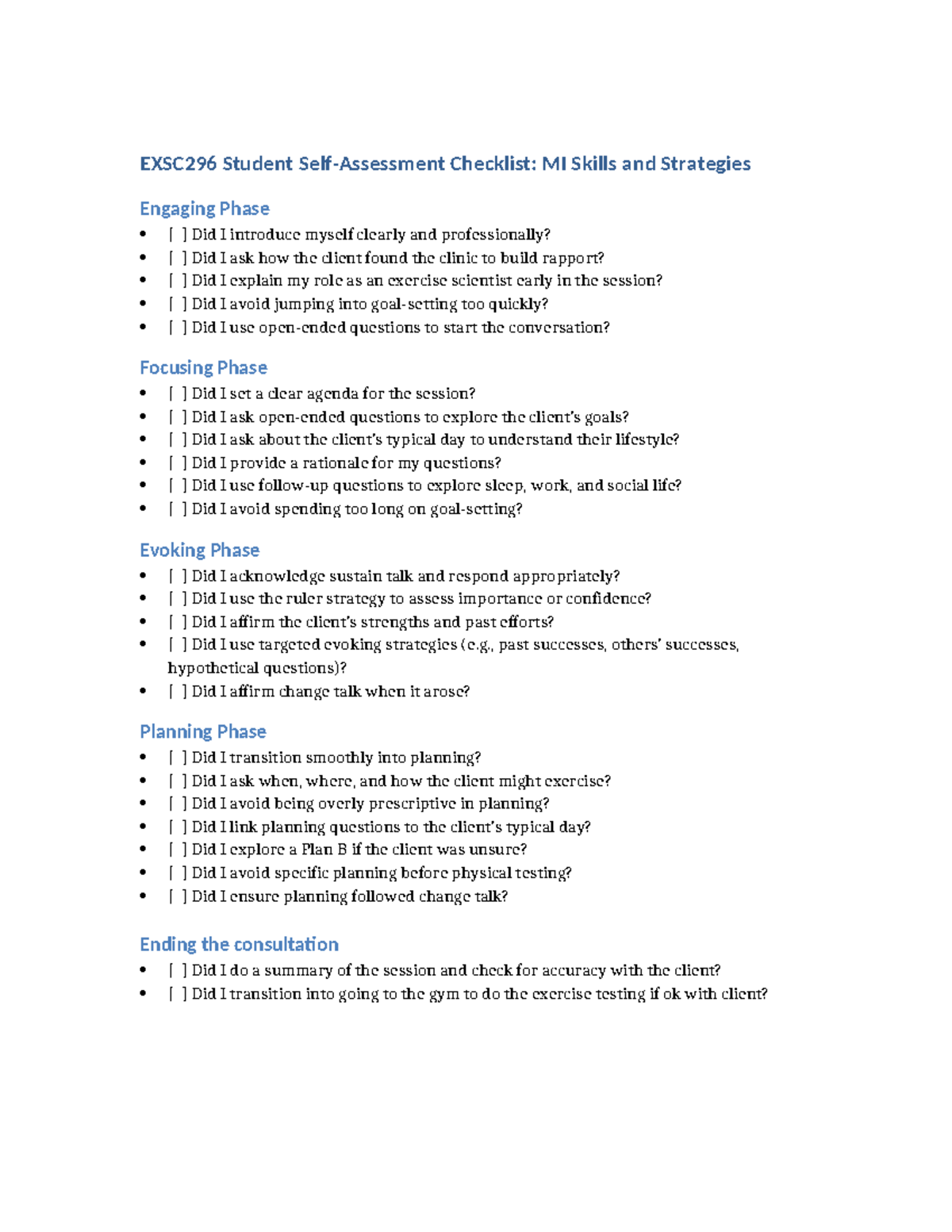 EXSC296 Self Assessment Checklist: MI Skills & Strategies - Studocu