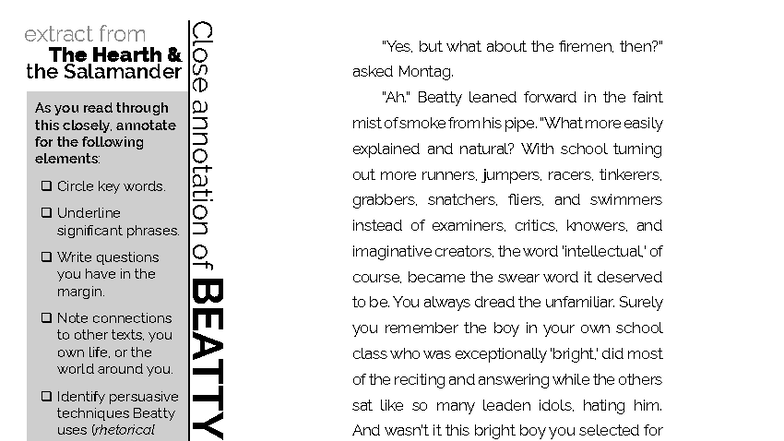 Annotating Beatty's Speech in FAHRENHEIT 451: Key Elements and ...