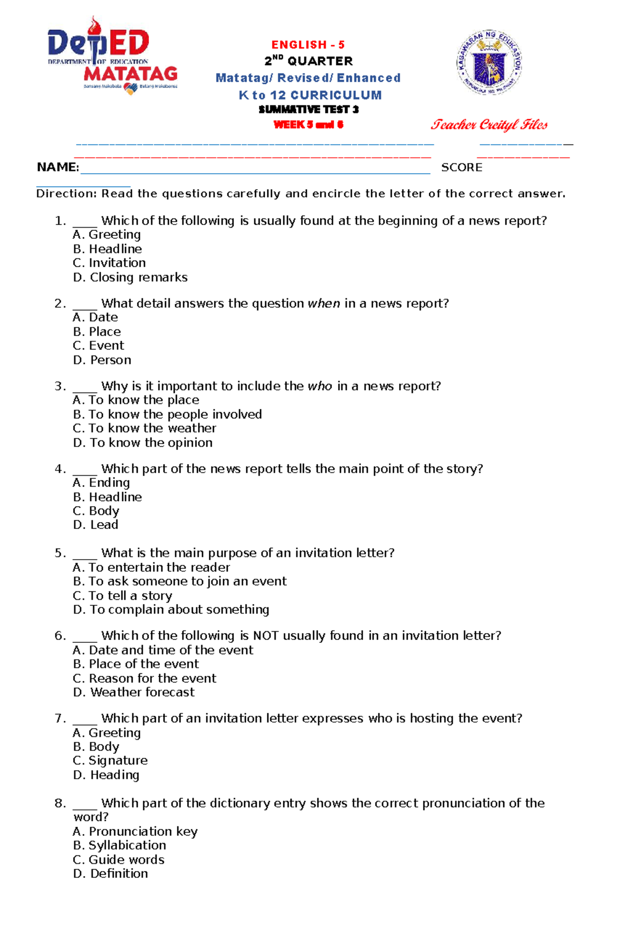 ENGLISH 5 2ND QUARTER SUMMATIVE TEST 3 WEEKS 5 & 6 - Studocu