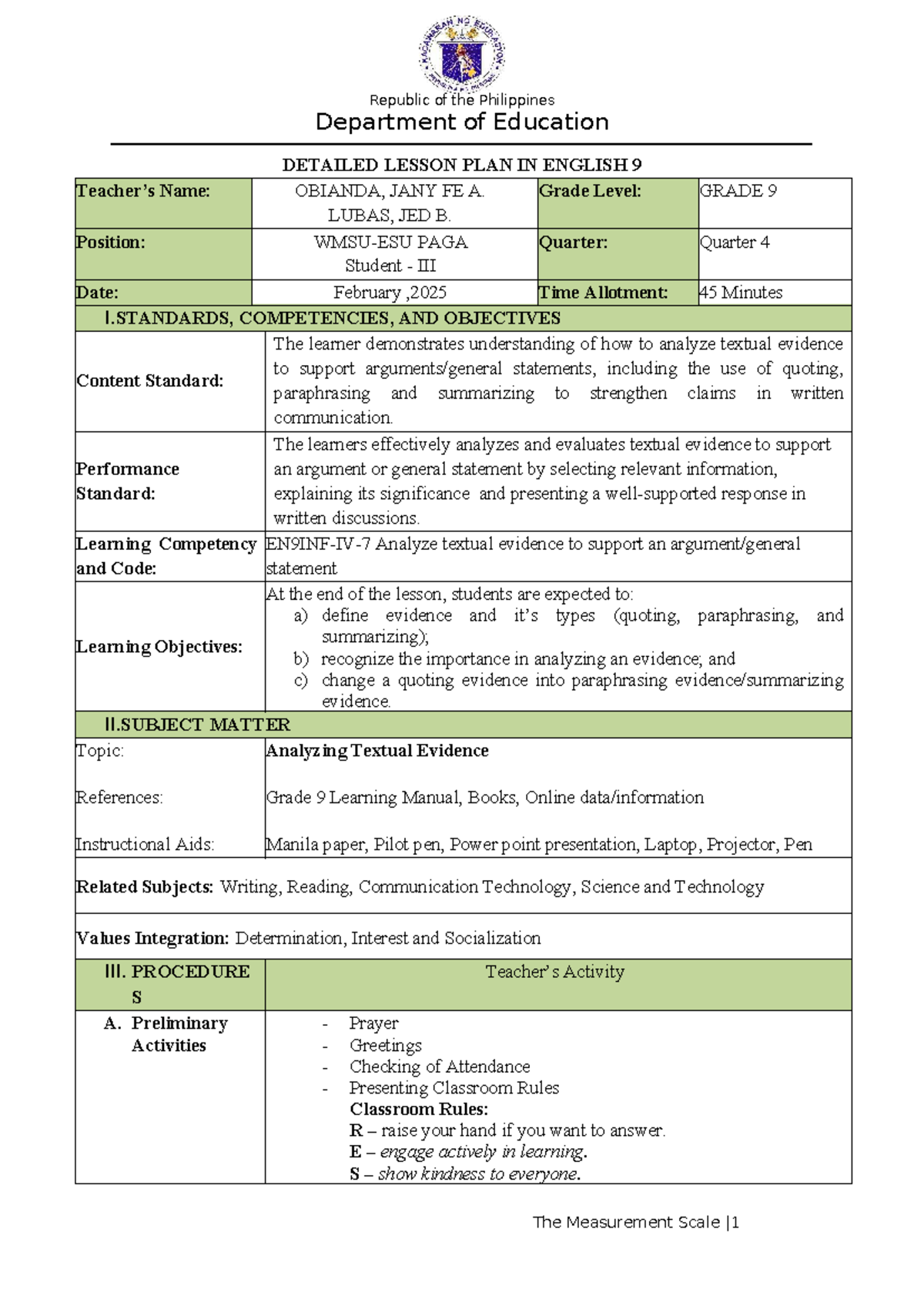 Detailed Lesson Plan in English 9: Analyzing Textual Evidence - Studocu