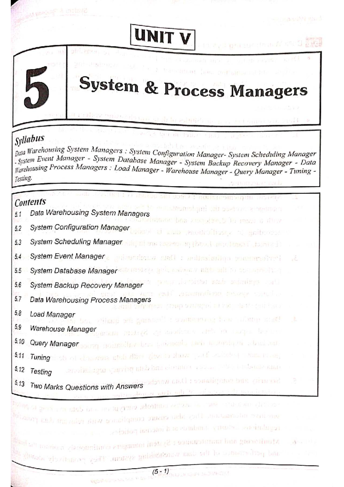 CCS341 Data Warehousing Unit 5: System Process Managers Overview - Studocu