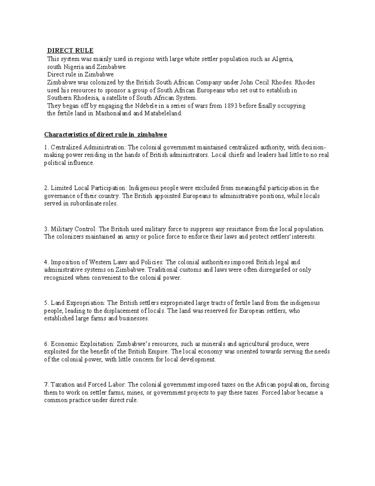 Direct Rule in Zimbabwe: Characteristics, Effects, and Historical ...
