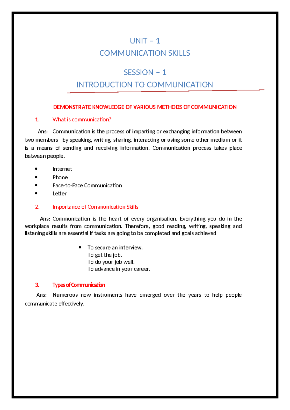 LEVEL-2 Communication Skills Notes: Methods & Importance - Studocu