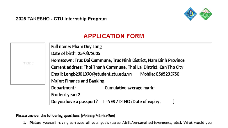 TAKESHO CTU Internship Application Form - 2025 - Studocu
