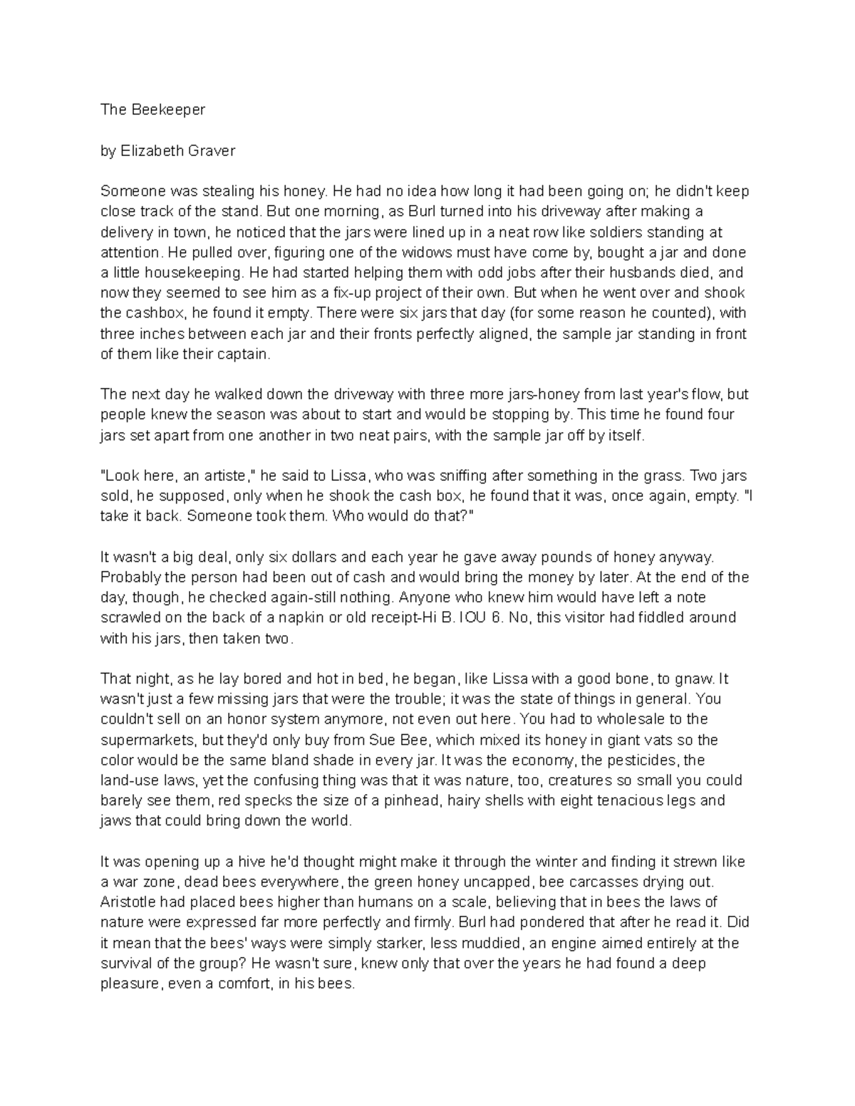 The Beekeeper: A Short Story Analysis - HI HELLO - Studocu