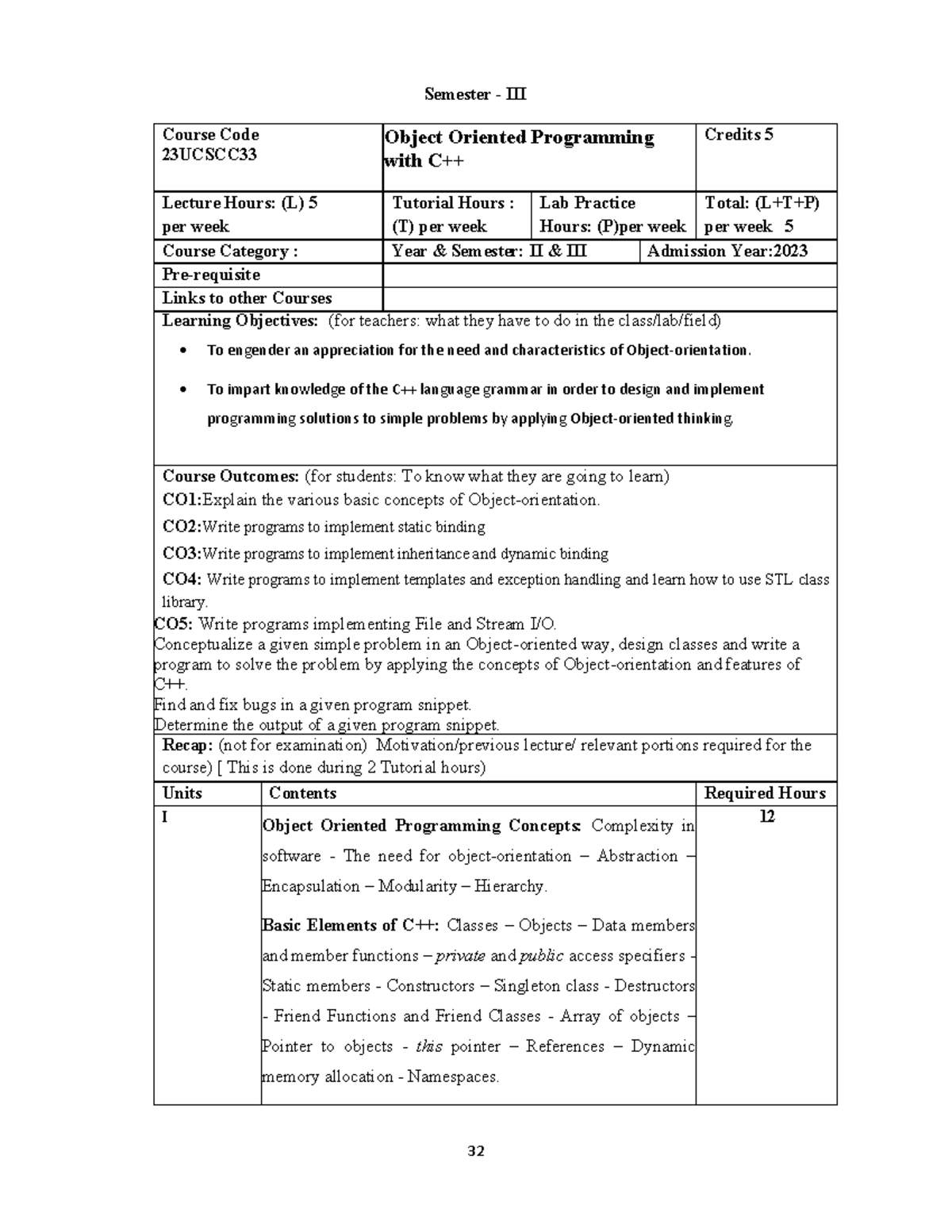 23UCSCC33 Object Oriented Programming Syllabus for Semester II - Studocu