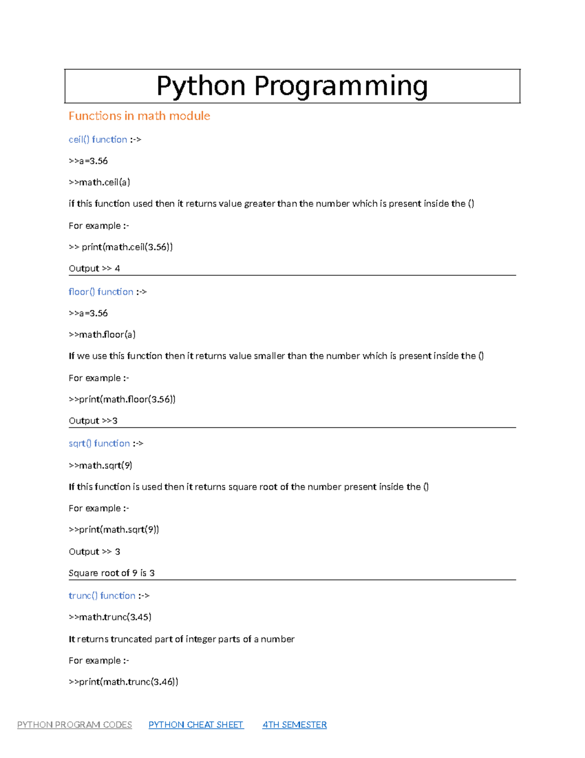 Python Programming Functions and Examples - EES 4th Semester Cheat Sheet - Studocu