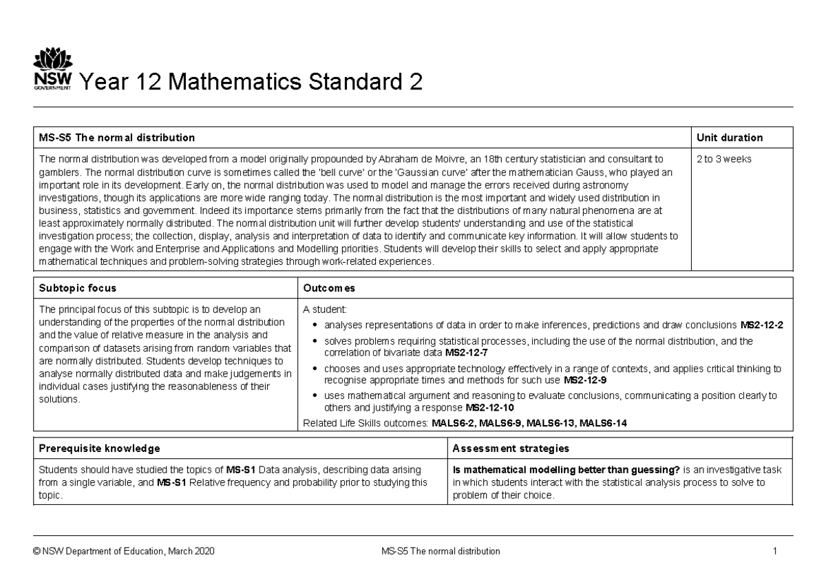 Year 12 Mathematics Standard 2: Understanding the Normal Distribution ...