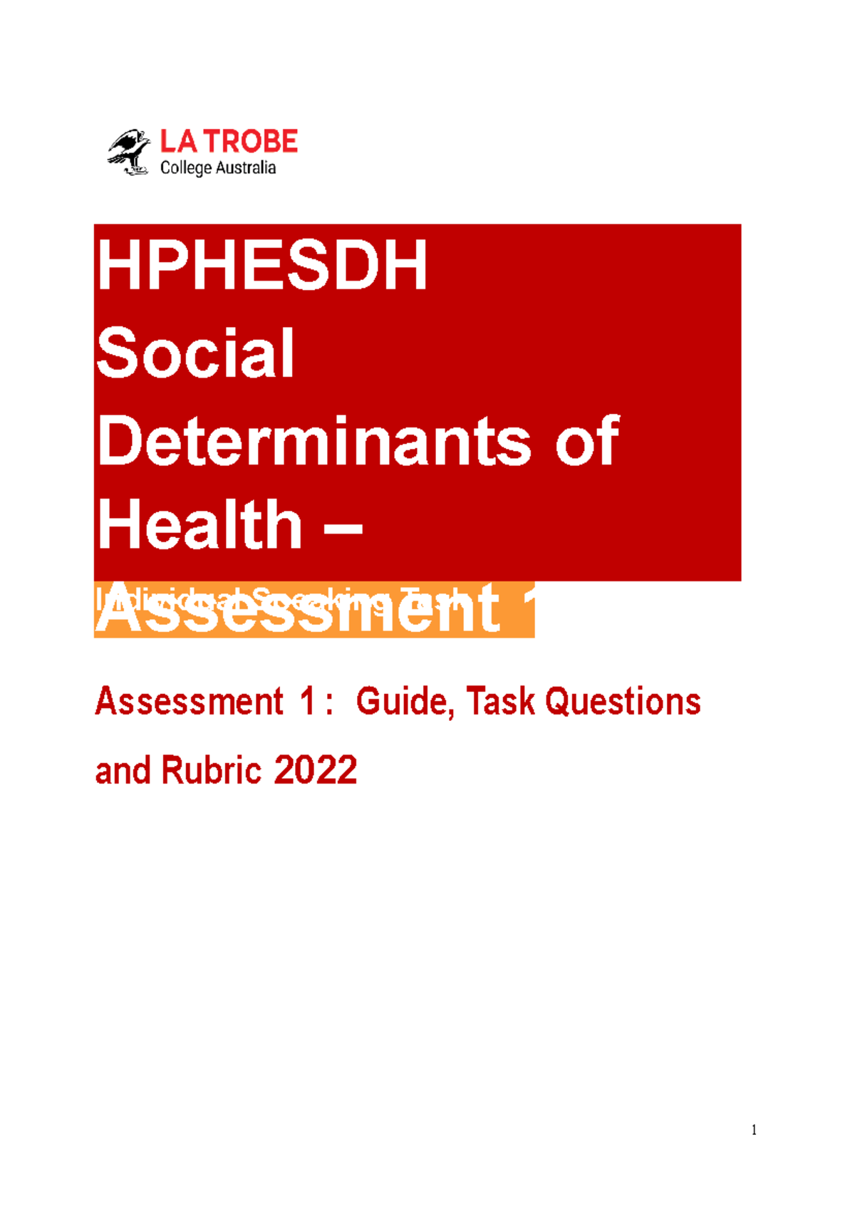 SDH Assessment 1 Individual Speaking Task, Questions and Rubric 202202 - Individual Speaking ...