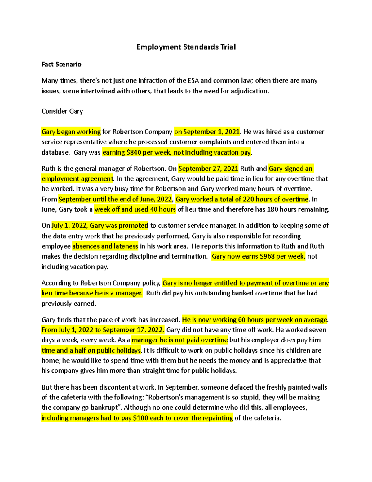 ESA Scenario 2022 - Employment Standards Trial Fact Scenario Many times ...