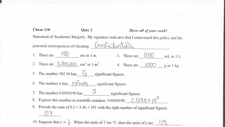 Chem 110 Quiz 2: Significant Figures and Calculations - Studocu